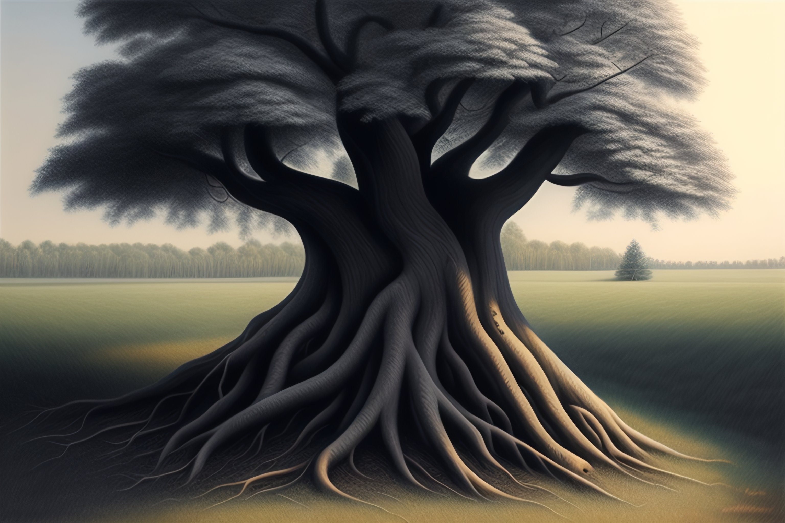 Tree With Roots Pencil Drawing