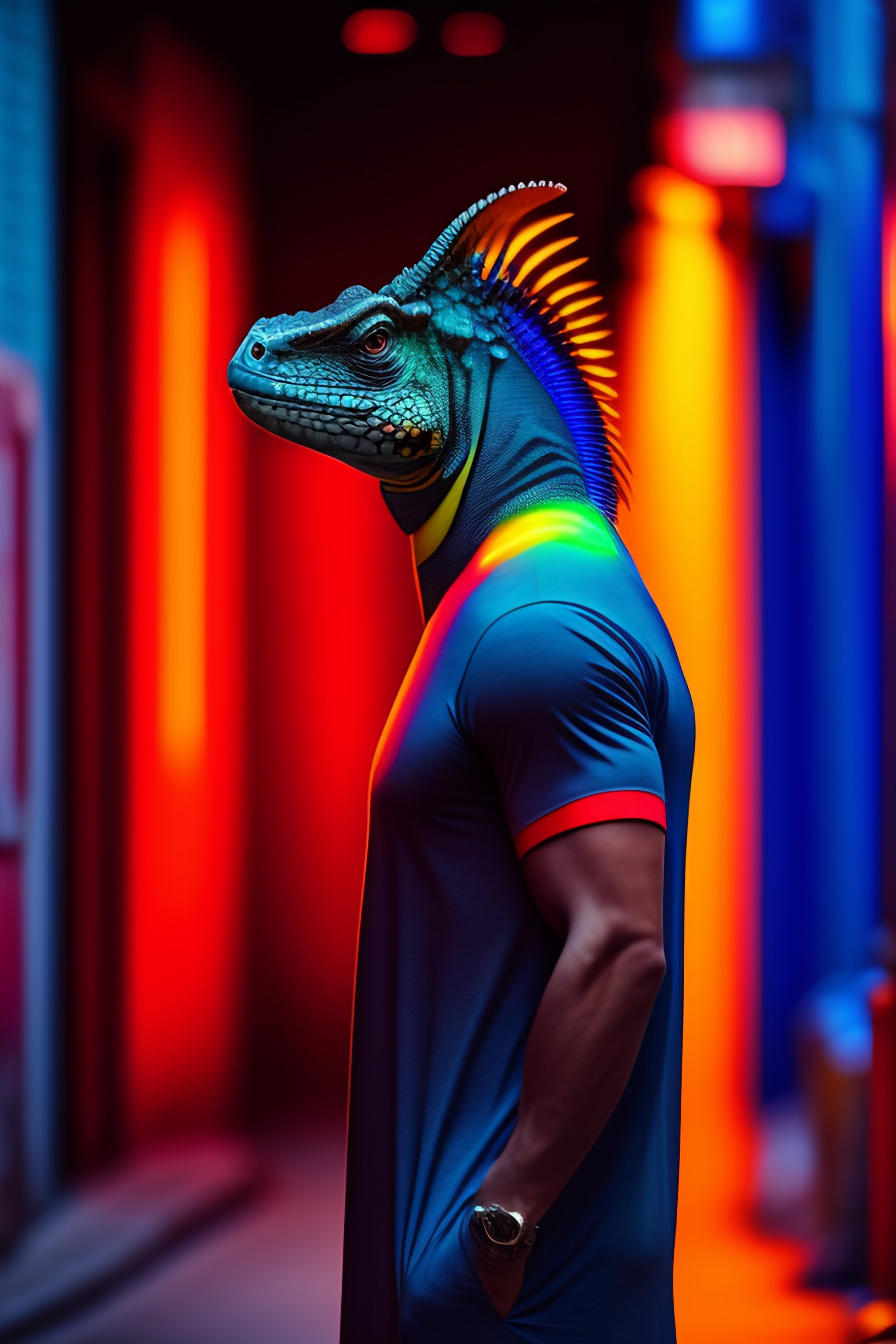 Lexica - Manly human iguana hybrid dress in a grey tshirt stroking chin ...