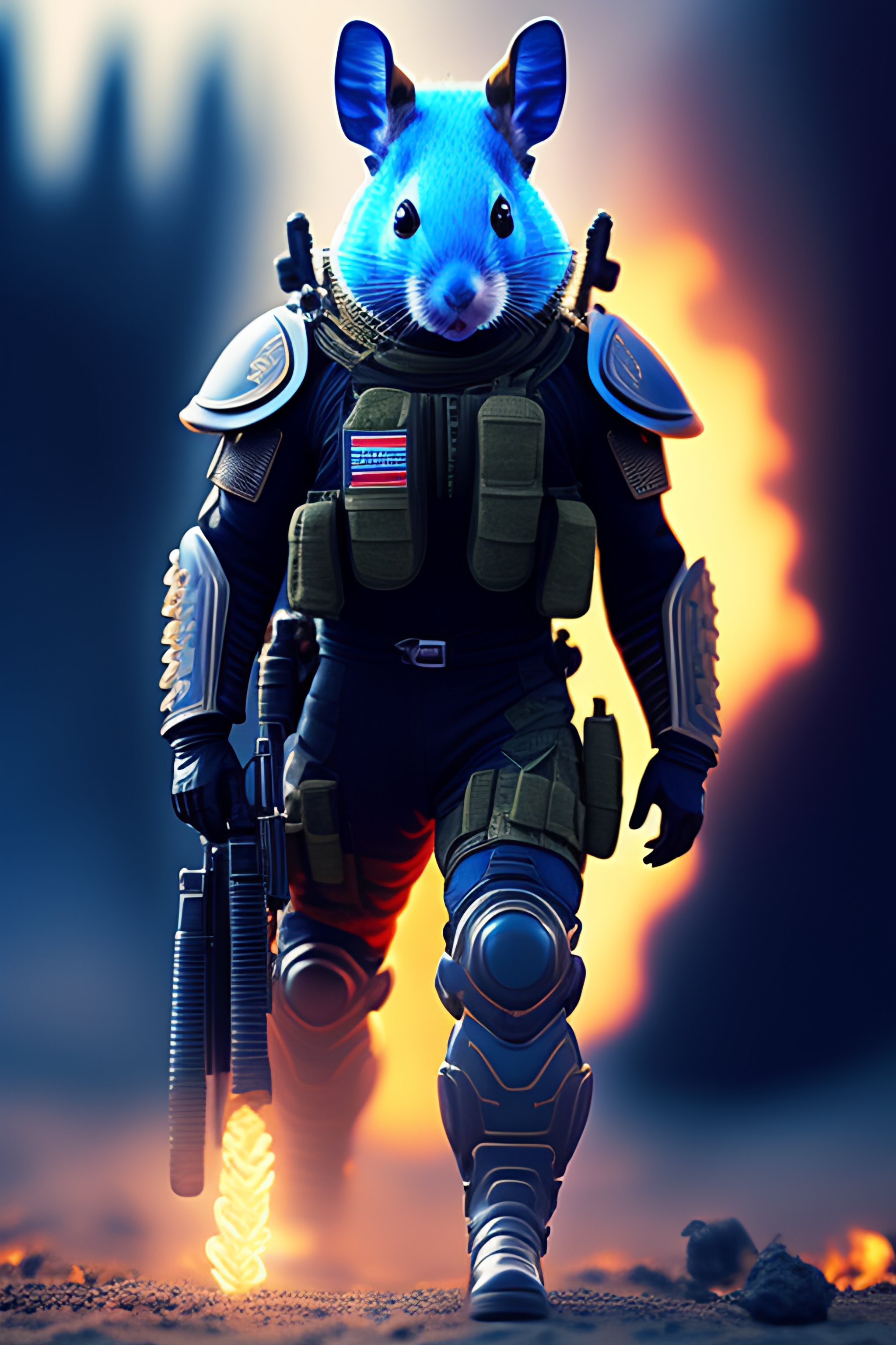 Lexica - Anthropomorphic blue hamster cyber warrior in a burnt land ...