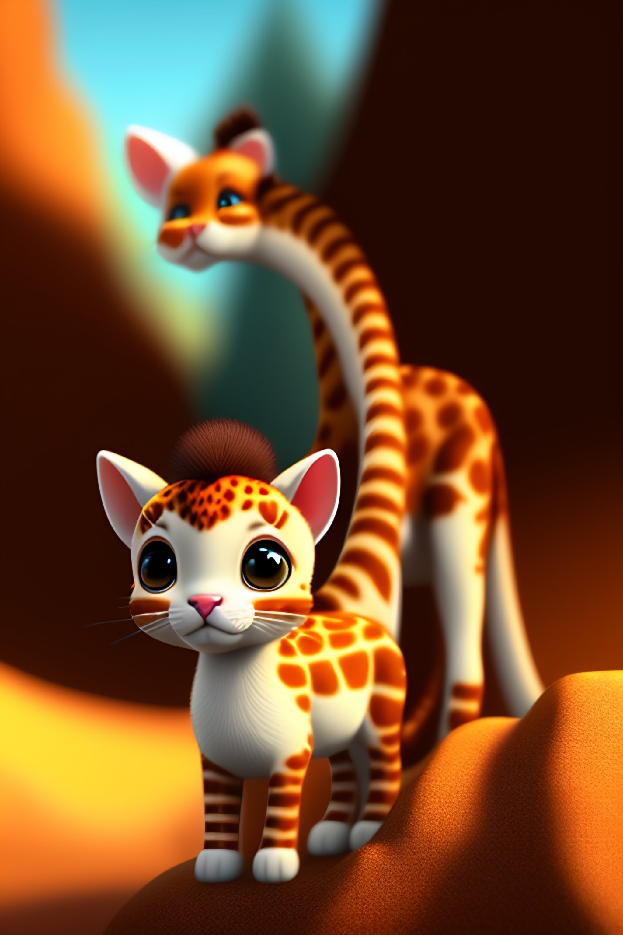 Lexica - Cute chibi kitten with long neck like girafe in the mountain, 3D,