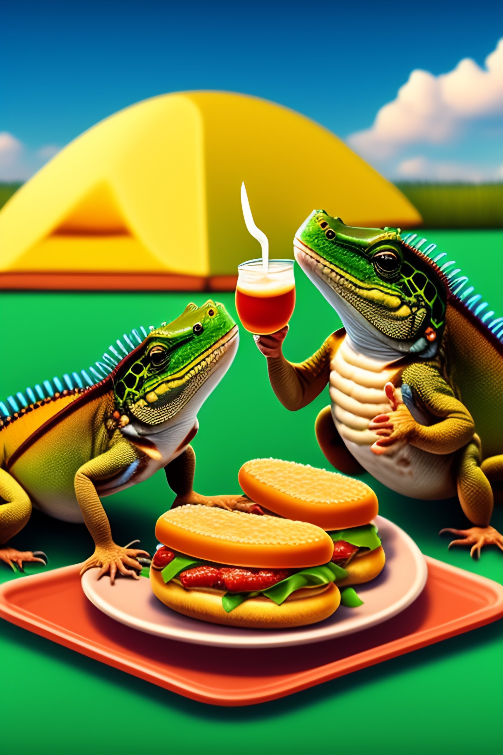 Lexica - Lizards eating hotdogs with mustard at the picnic