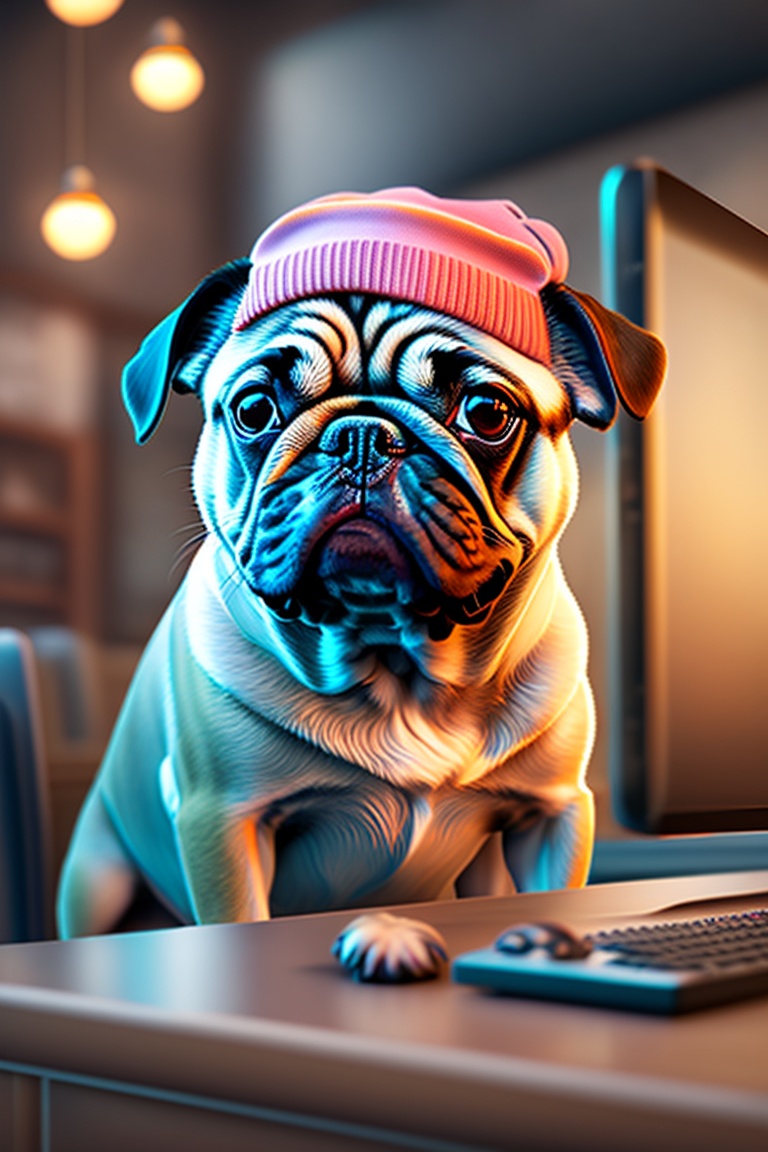 Lexica - Portrait of a pug in front of a computer, head slightly tilted ...
