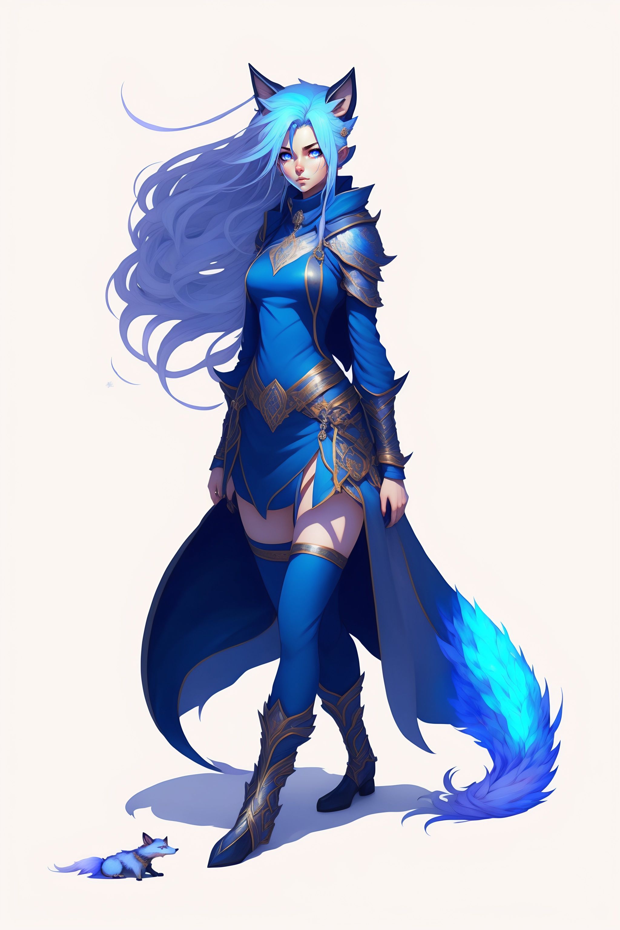 Lexica - Blue fire, silver hair, fox girl, mage, arm extended, holding ...