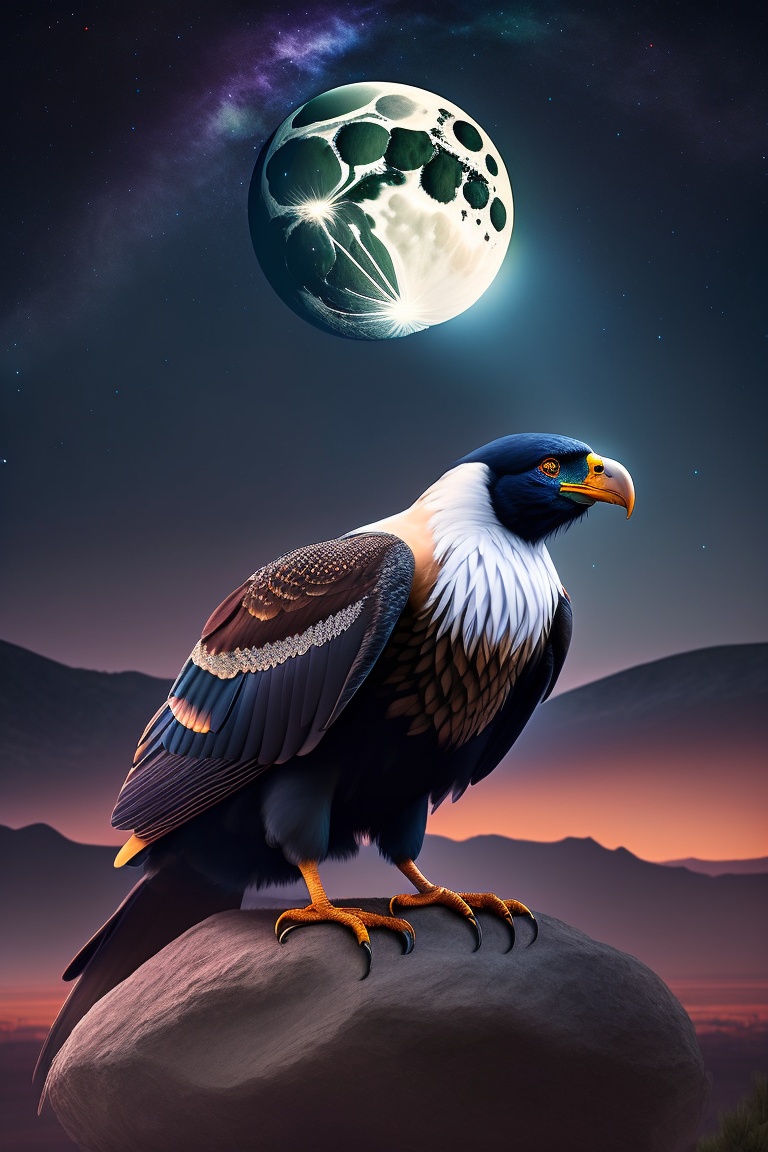 Lexica - Old vulture sitting on a rock, big moon behind the vulture in ...