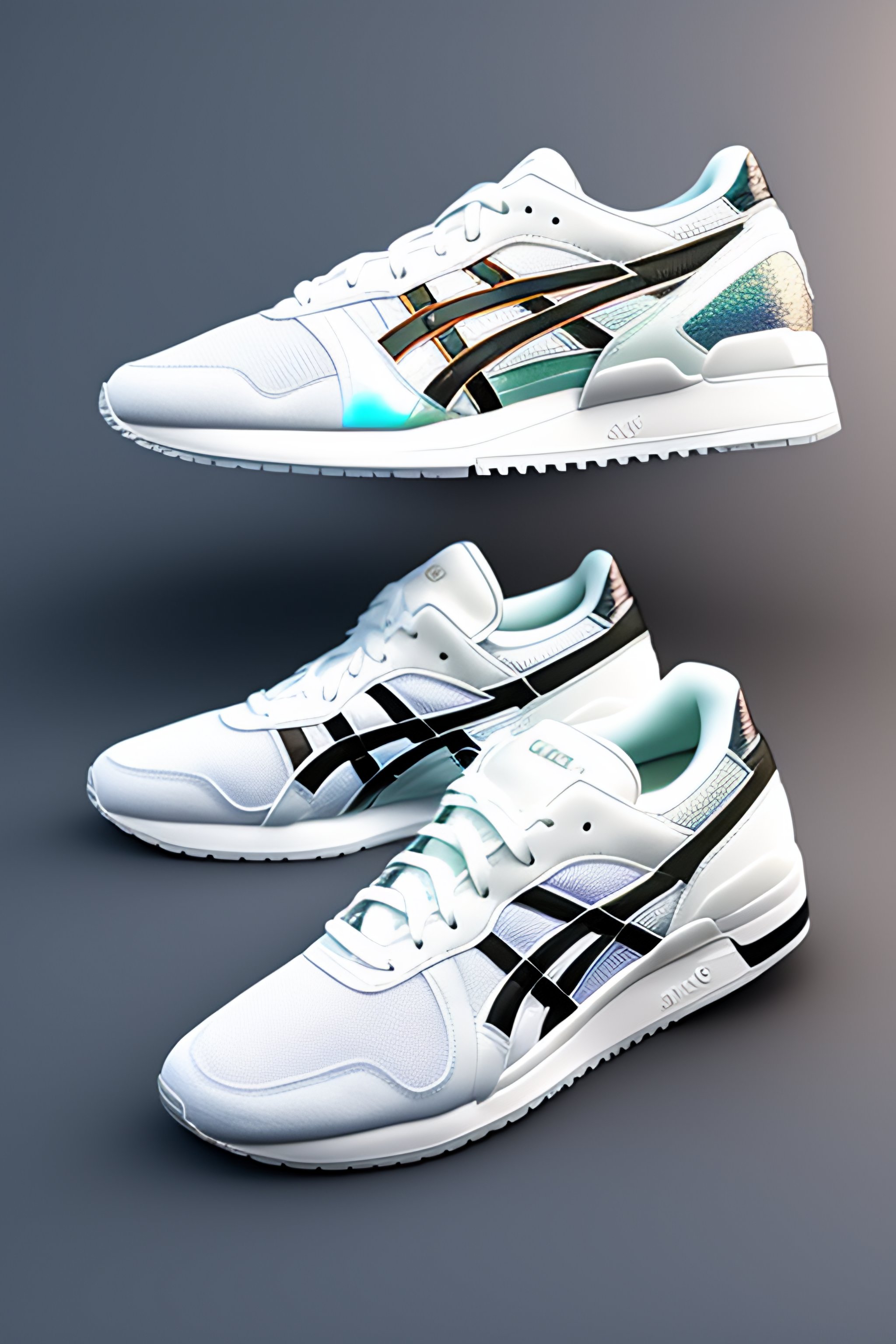Lexica - A pair of white and holographic Asics sneakers on a minimal ...