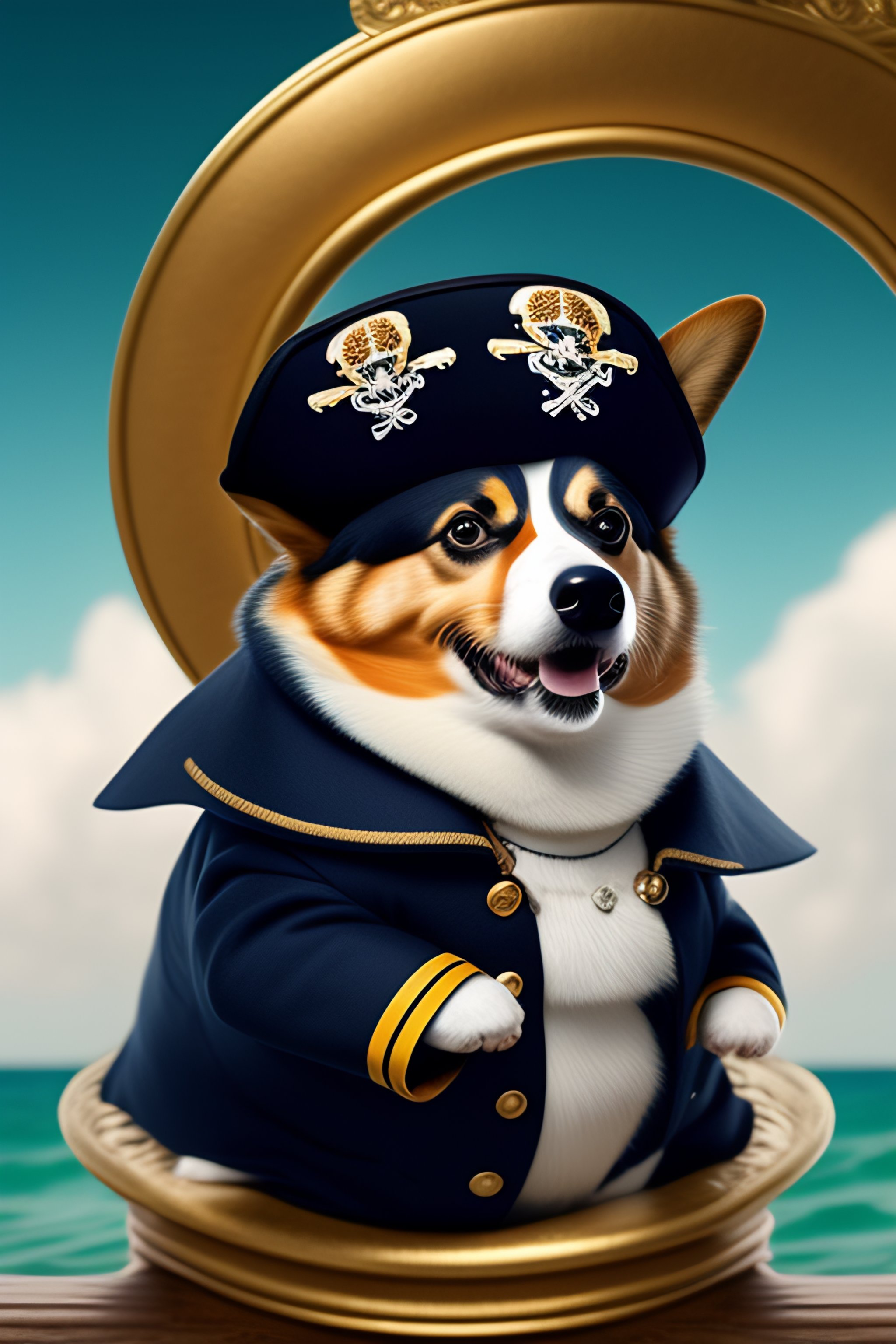 Lexica - A pirate anthropomorphic corgi, corgi on a pirate ship in the sea