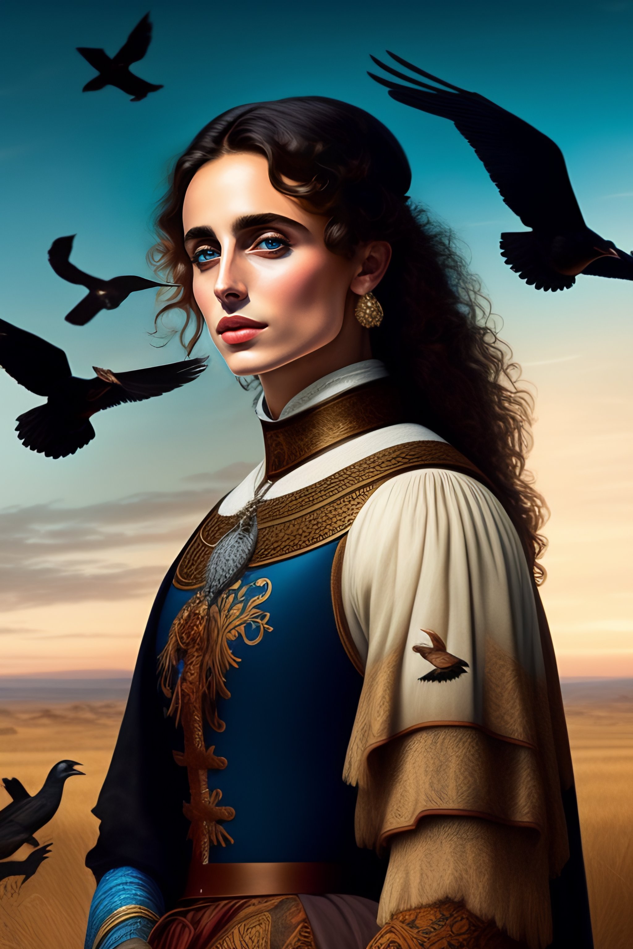 Lexica - Timothy Chalamet and a blue-eyed woman with crows on a rock ...