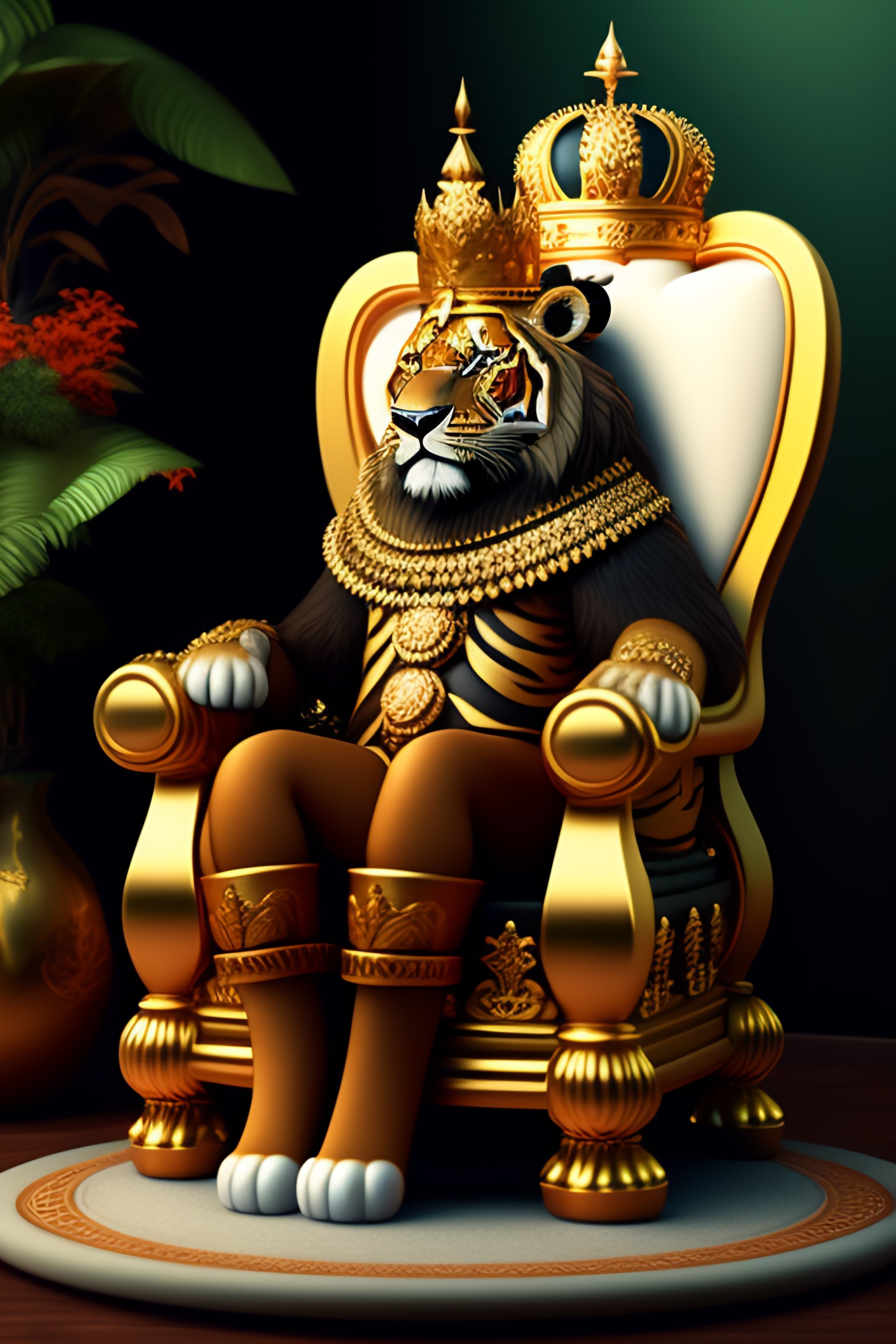 Lexica - King Lion sitting on throne, with crown, in jungle, lions ...