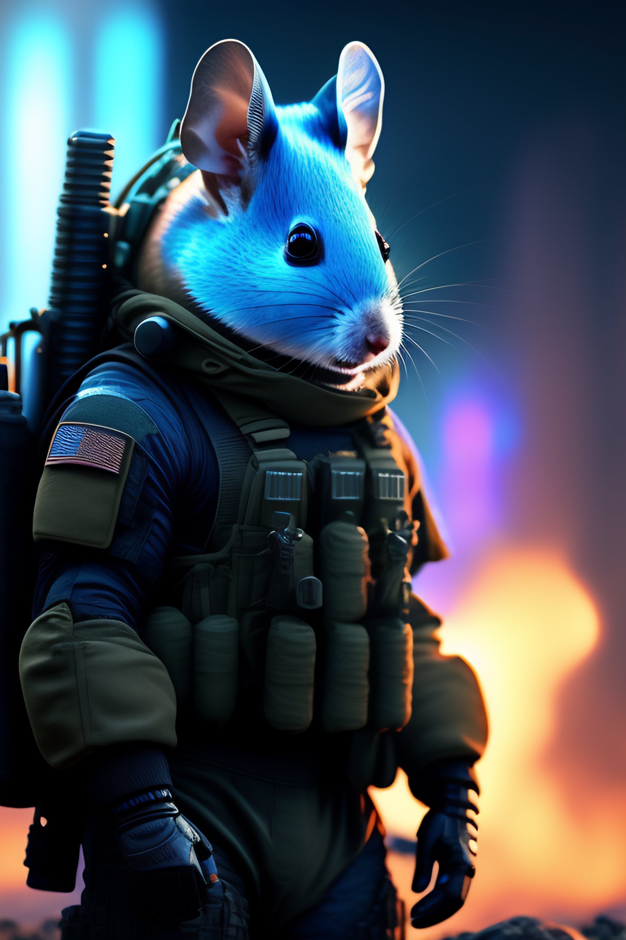 Lexica - Anthropomorphic blue hamster cyber warrior in a burnt land ...