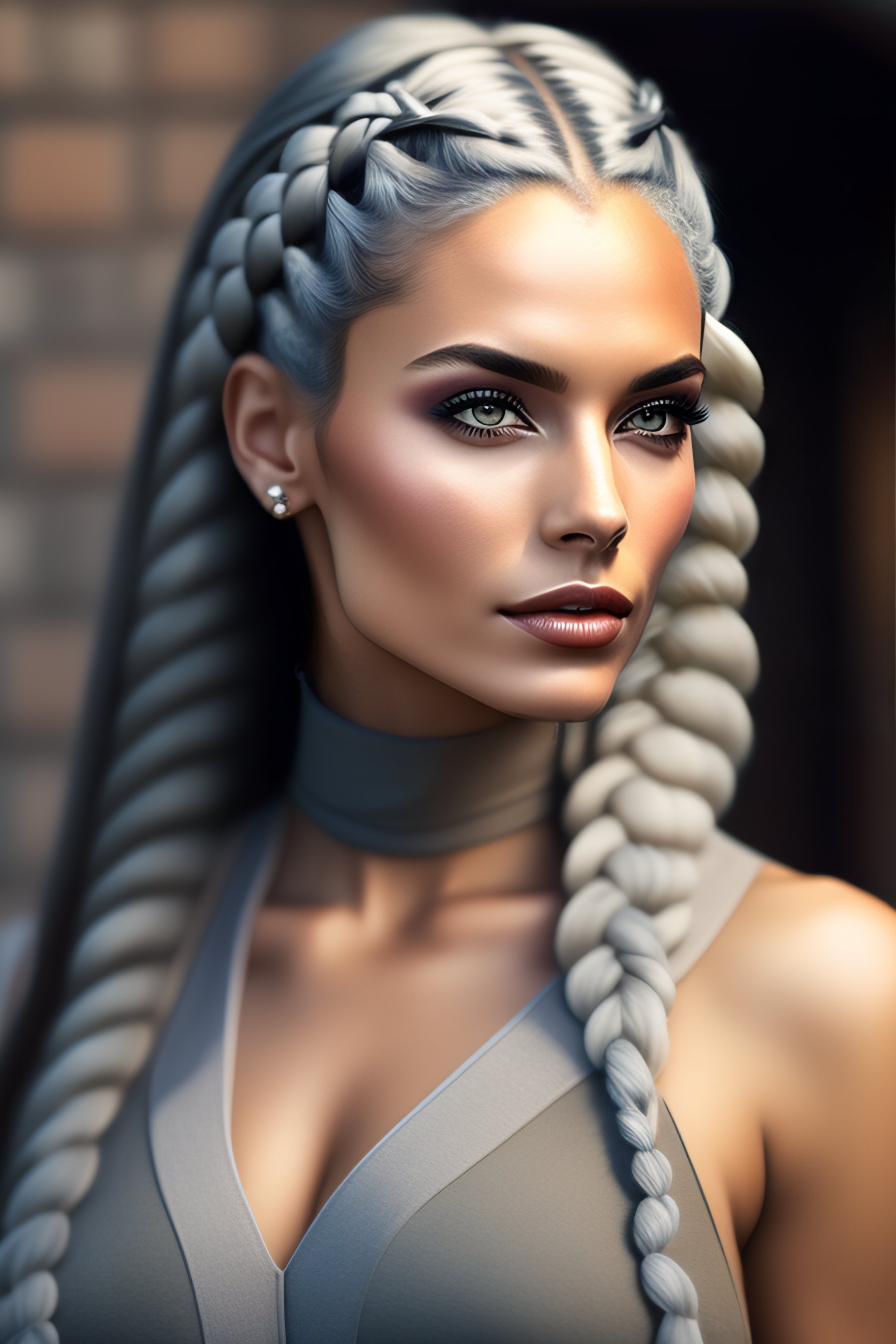 Lexica - Female giant, gray hair, thin, pale skin, long braids