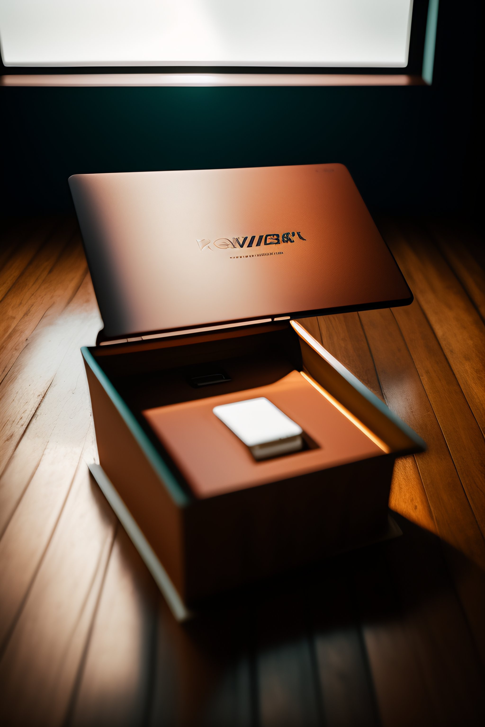 Lexica - Laptop and box on a table, centered in frame, facing camera ...