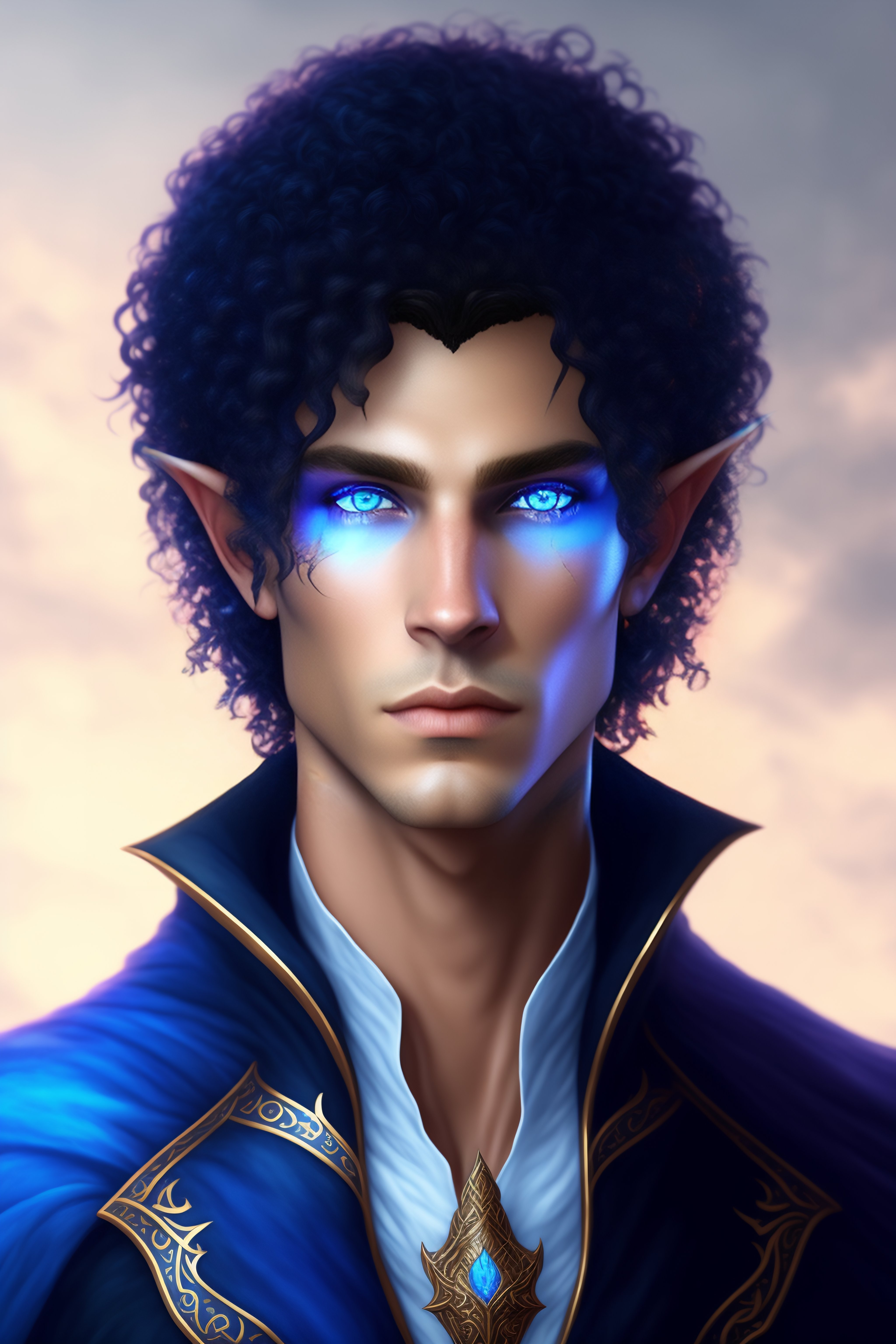 Lexica - A half elf male fey sorcercer with piercing blue eyes and dark ...