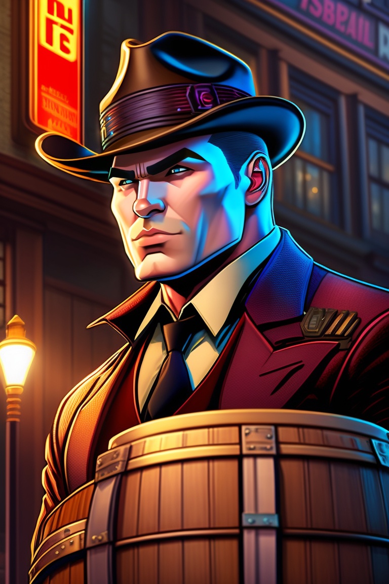 Lexica - Male 1920s mobster standing next to a wooden barrel while ...