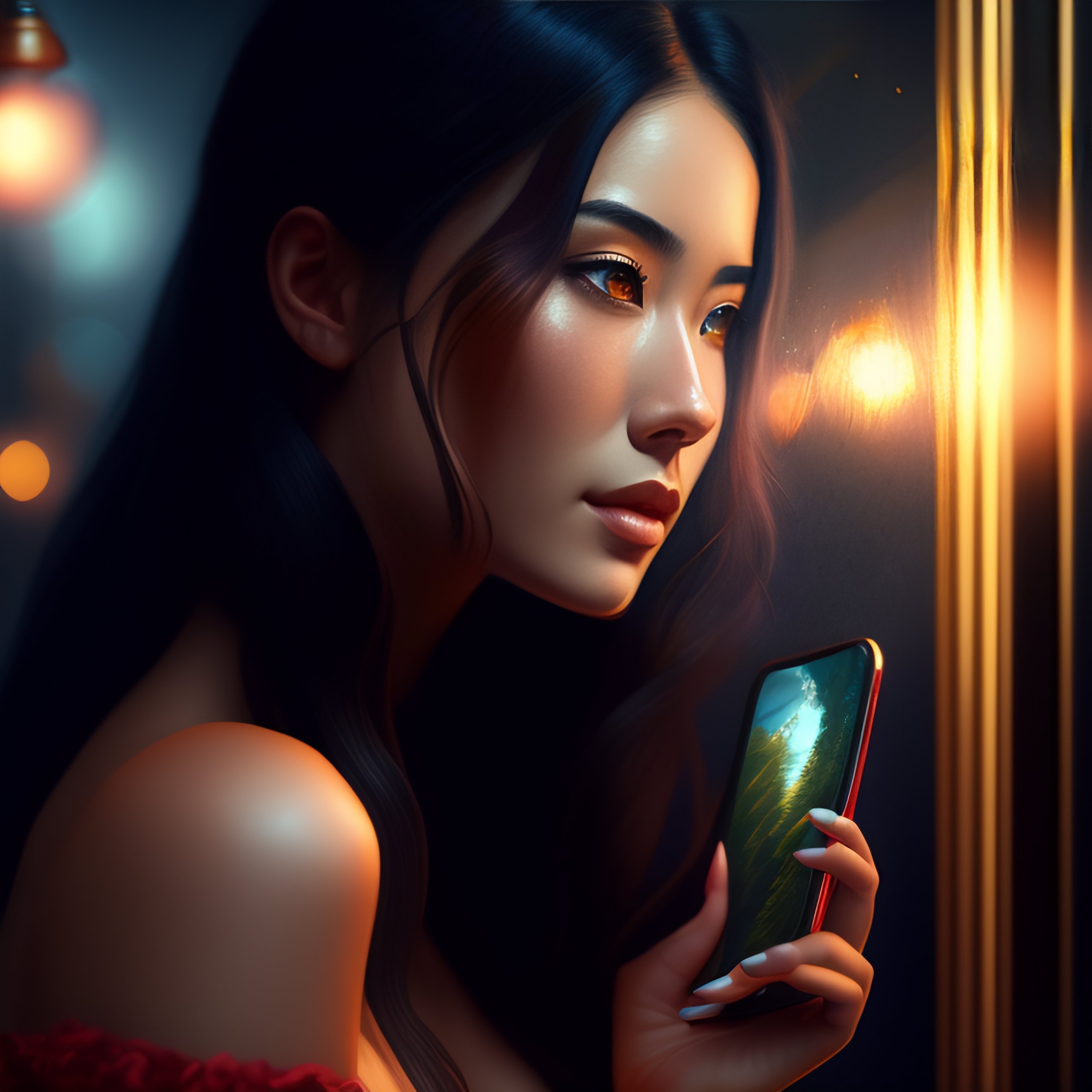 Lexica - A woman looking at herself in the reflection of her cell phone ...