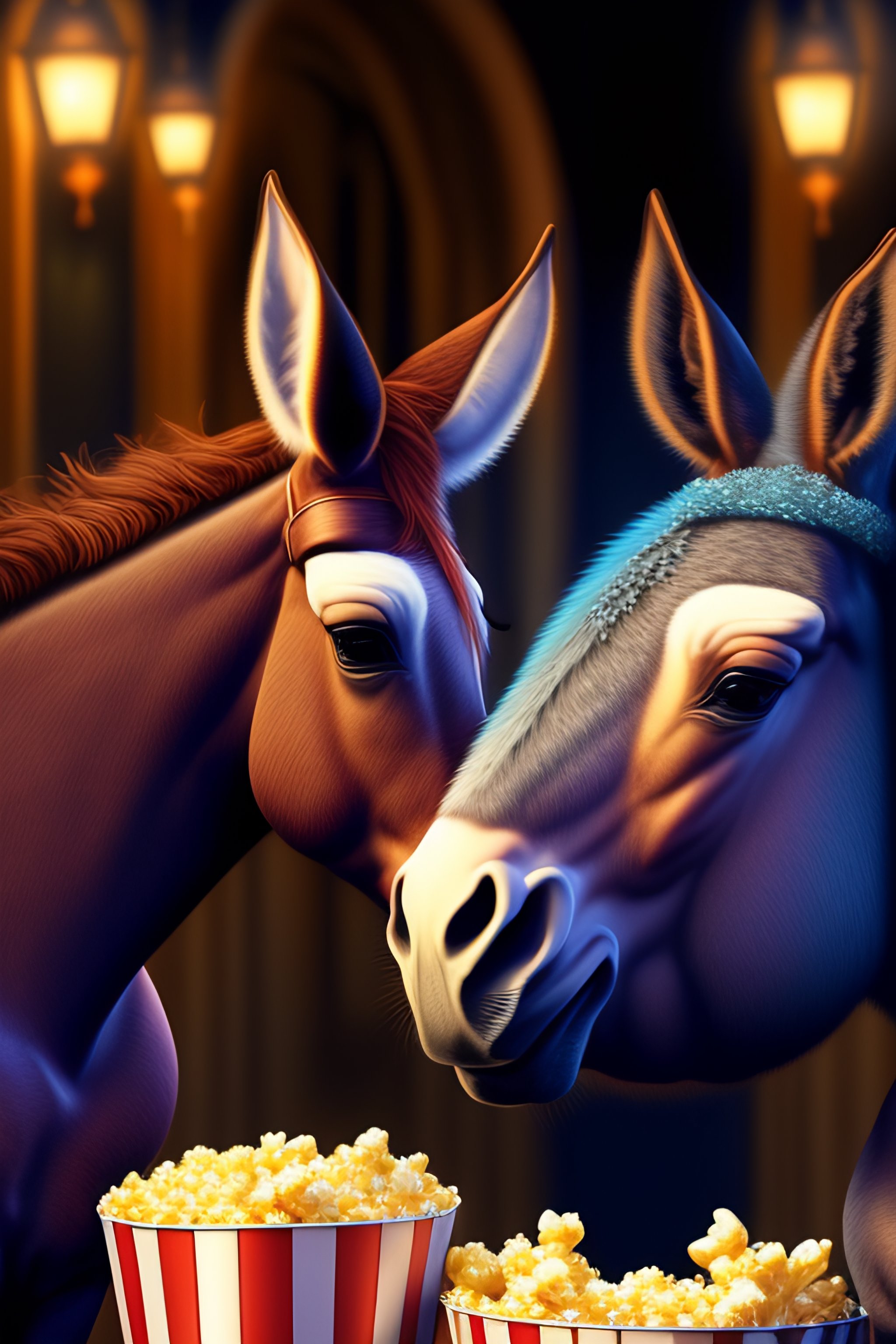 Lexica - A row of ((happy)) cartoon donkeys eating popcorn with ...