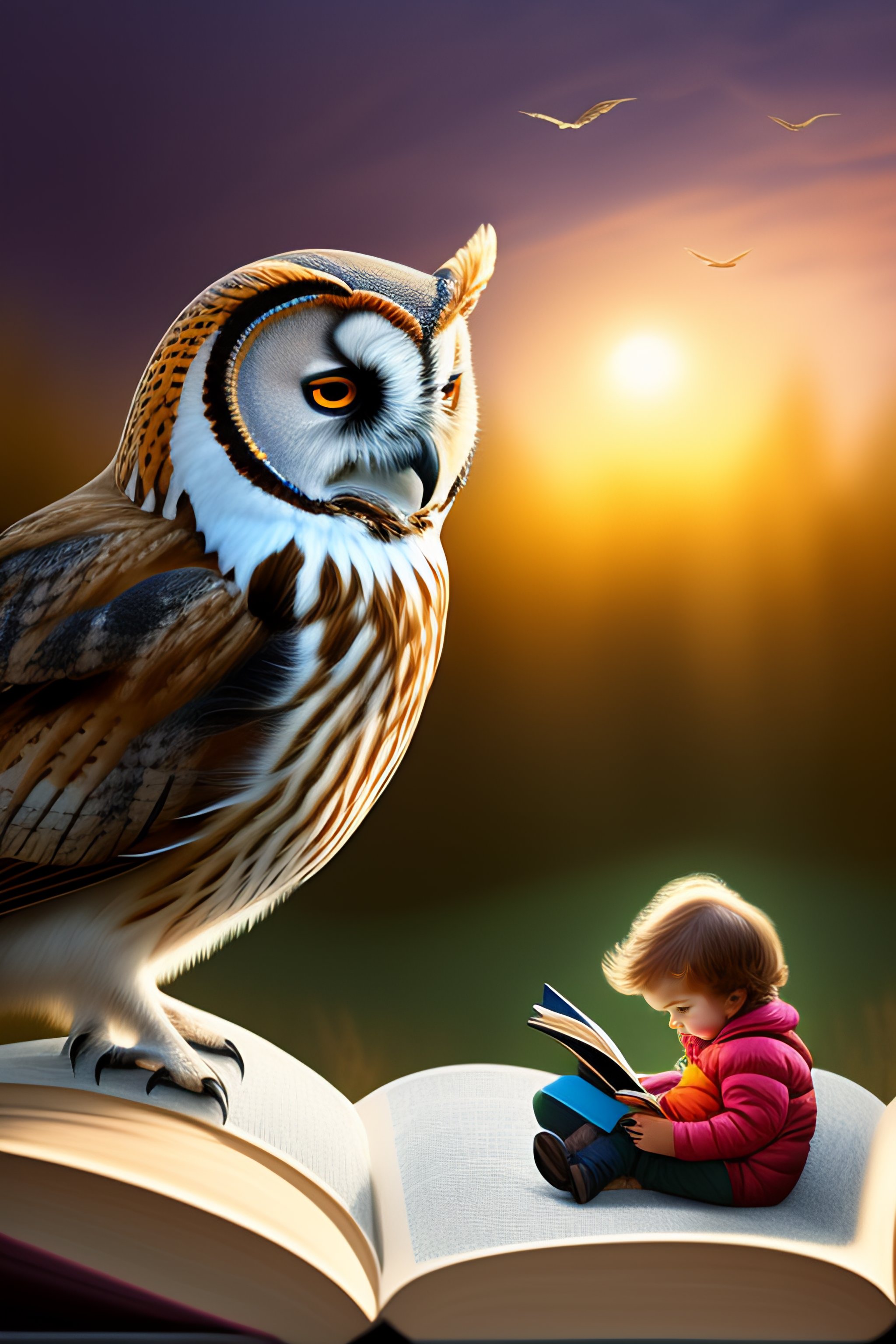 Lexica - Pupil reading from books ,owl flying nearby, all are happy