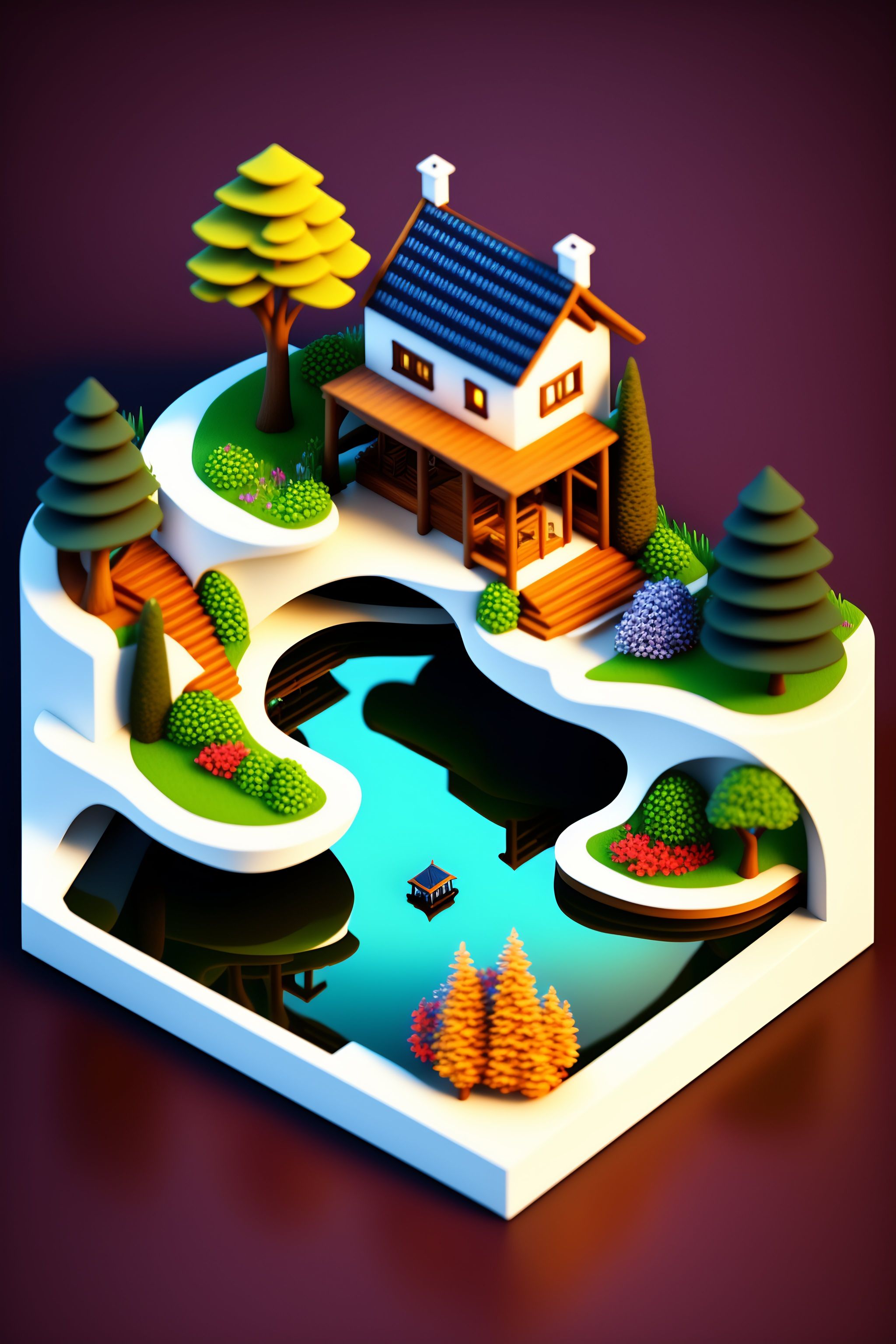 Lexica - Isometric 3D home rokay house cutaway lake