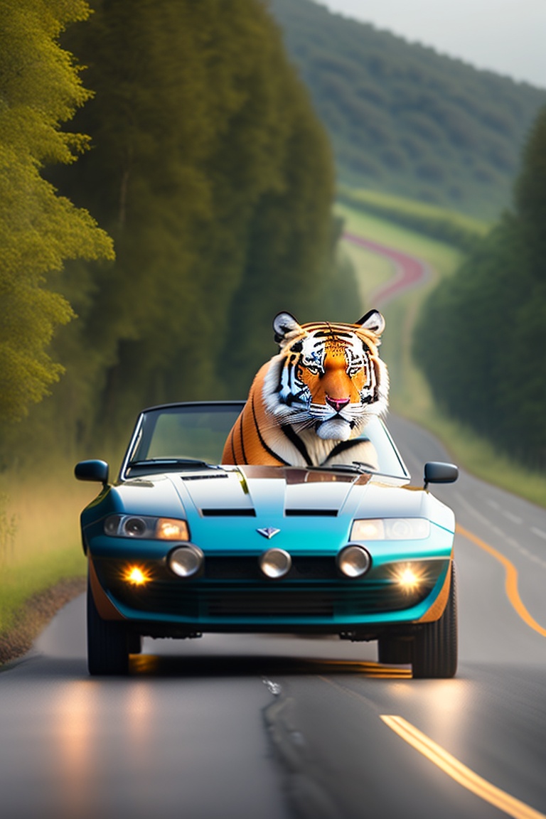 Lexica - The tiger dirve the car on the road , extreme weather , ultra ...