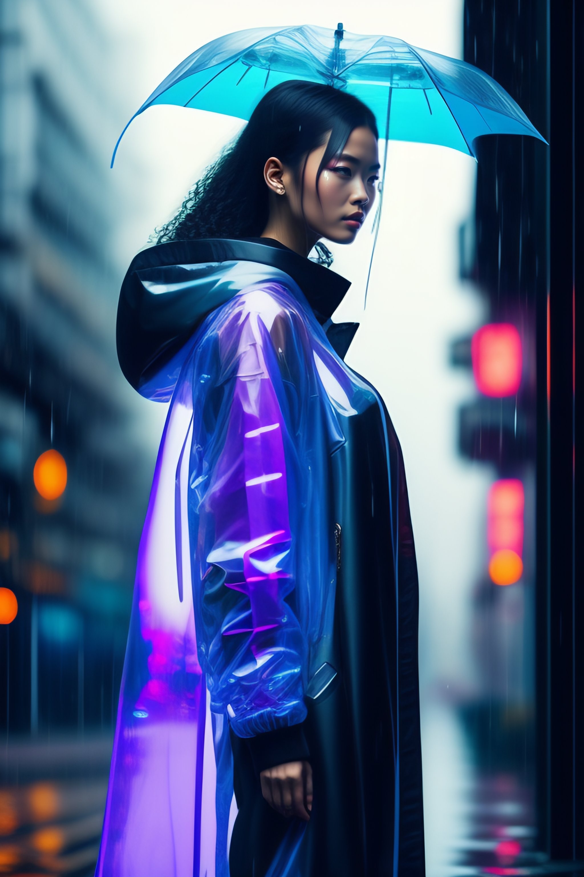 Lexica - Cyborg girl wearing transparent raincoat, cyborg parts, rainy ...
