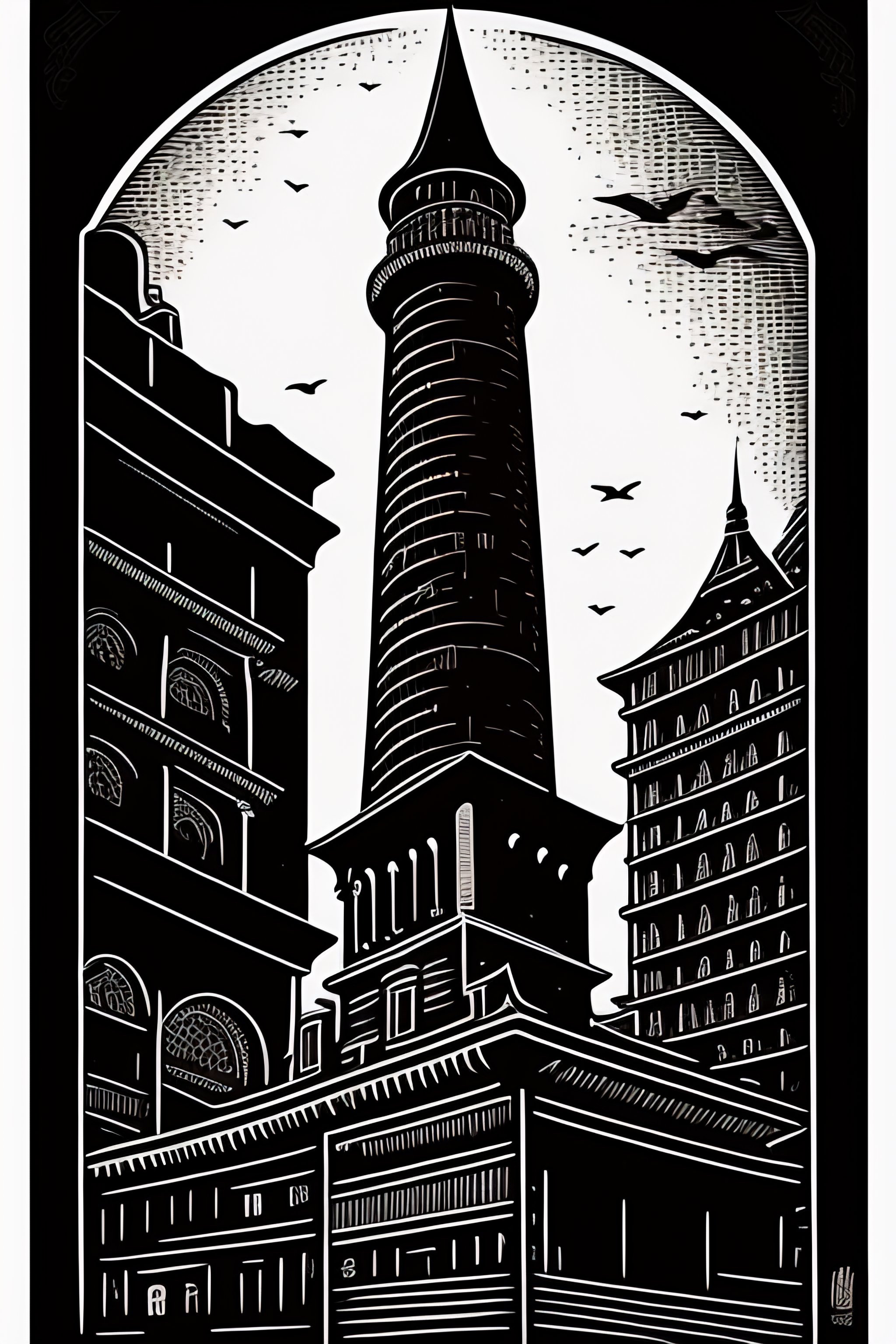 Lexica - An ultra detailed linocut art of a lonely and impossibly tall ...