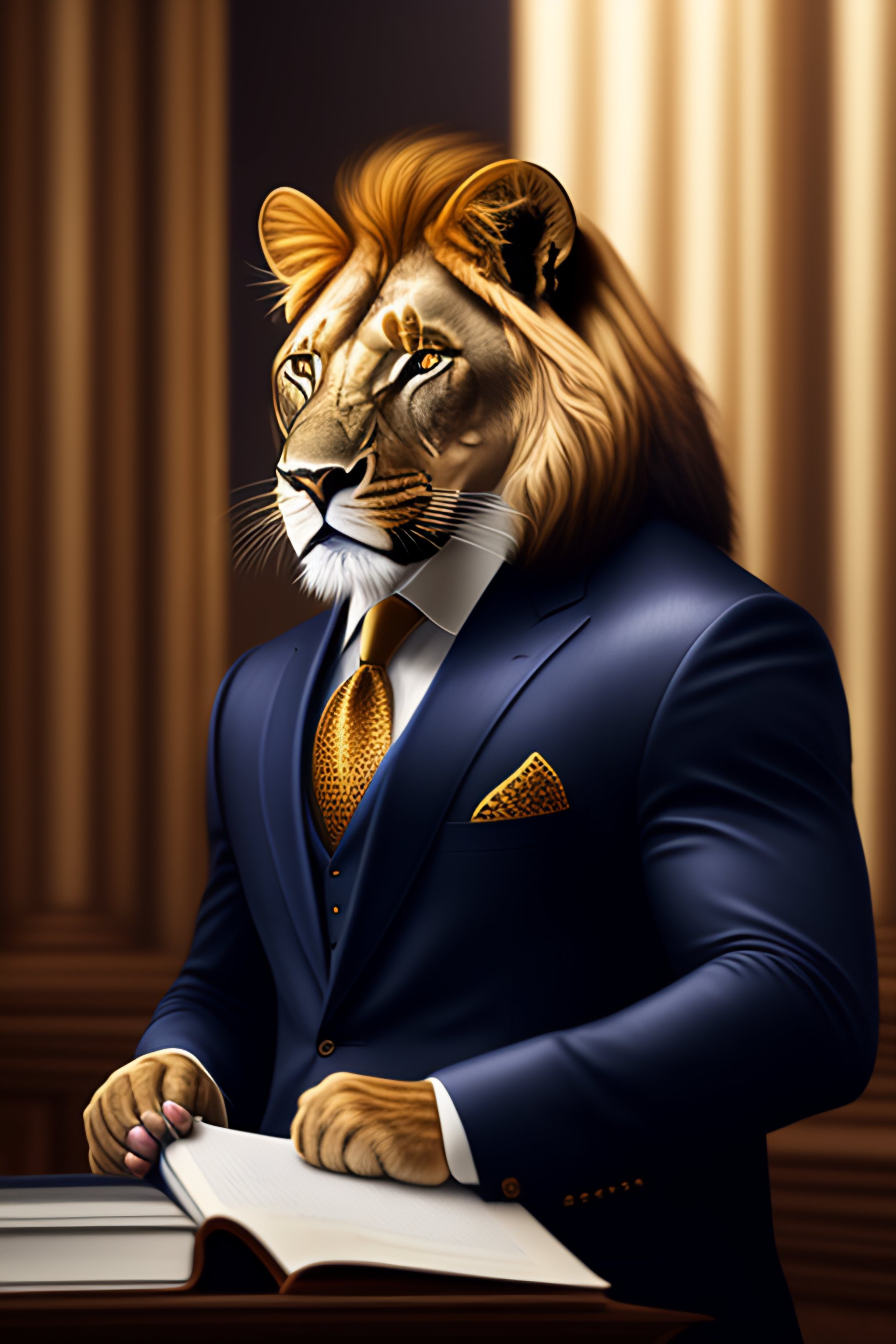 Lexica - Award-winning photo of a lion lawyer in court, navy blue suit ...