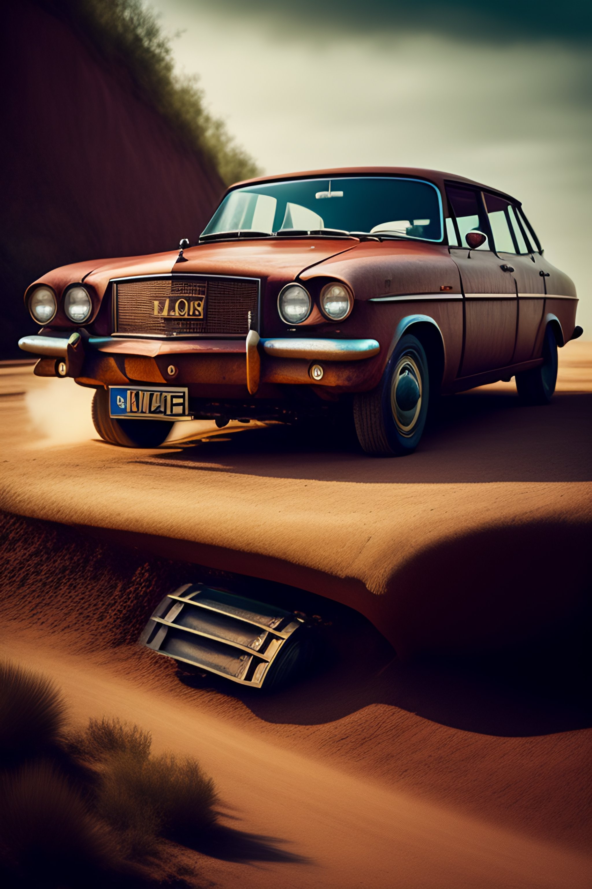 Lexica - Steampunk Volvo V60, old and rusty, with flat tyres.