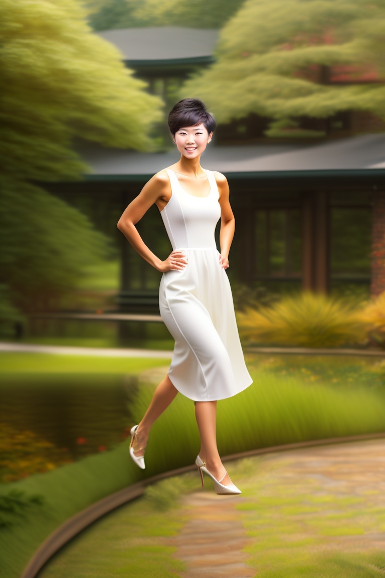 Lexica - Full sundress, asian physique, athletic, pixie cut hairstyle, barefoot