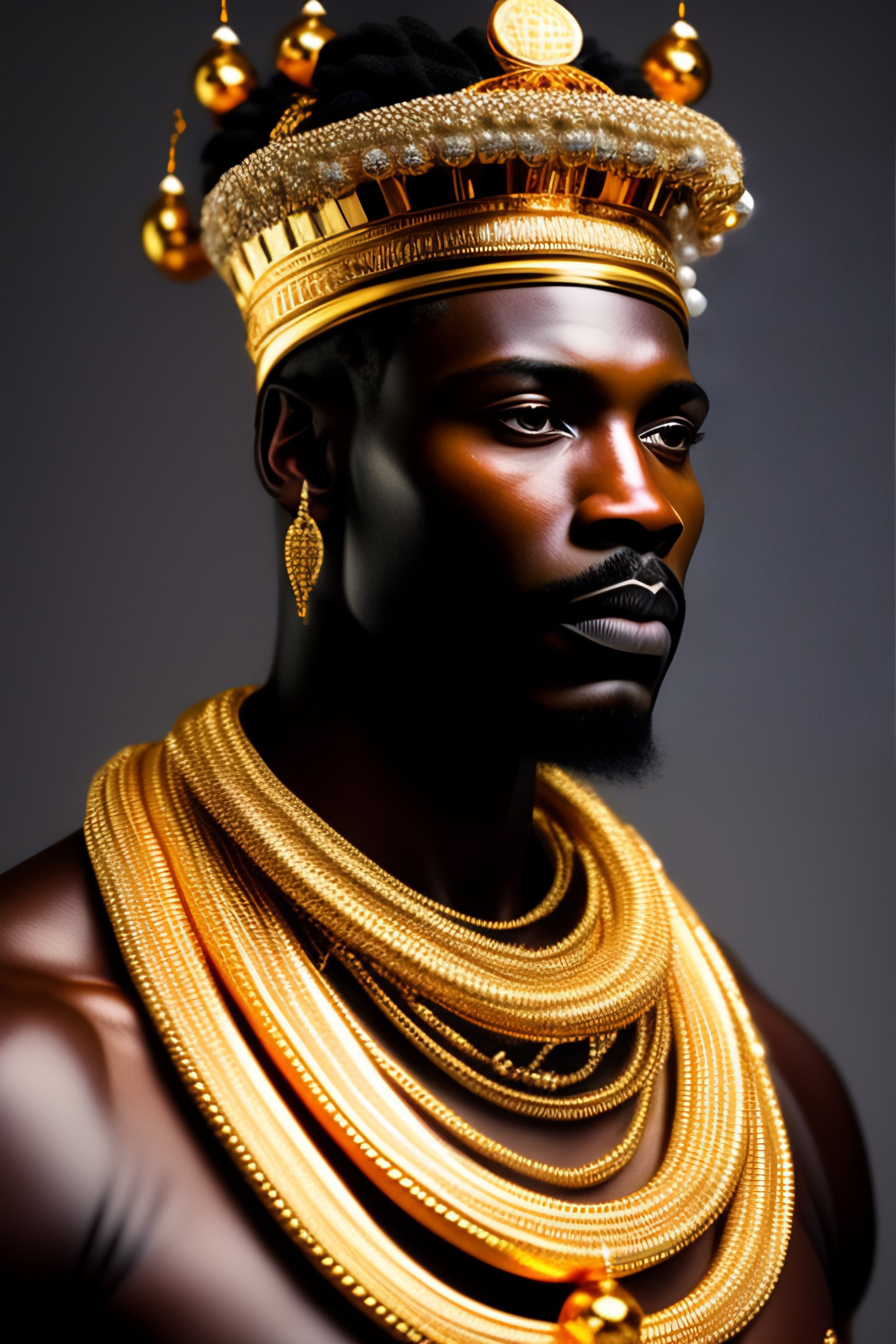 Lexica - African King, wearing gold ornaments, orthographic front view ...