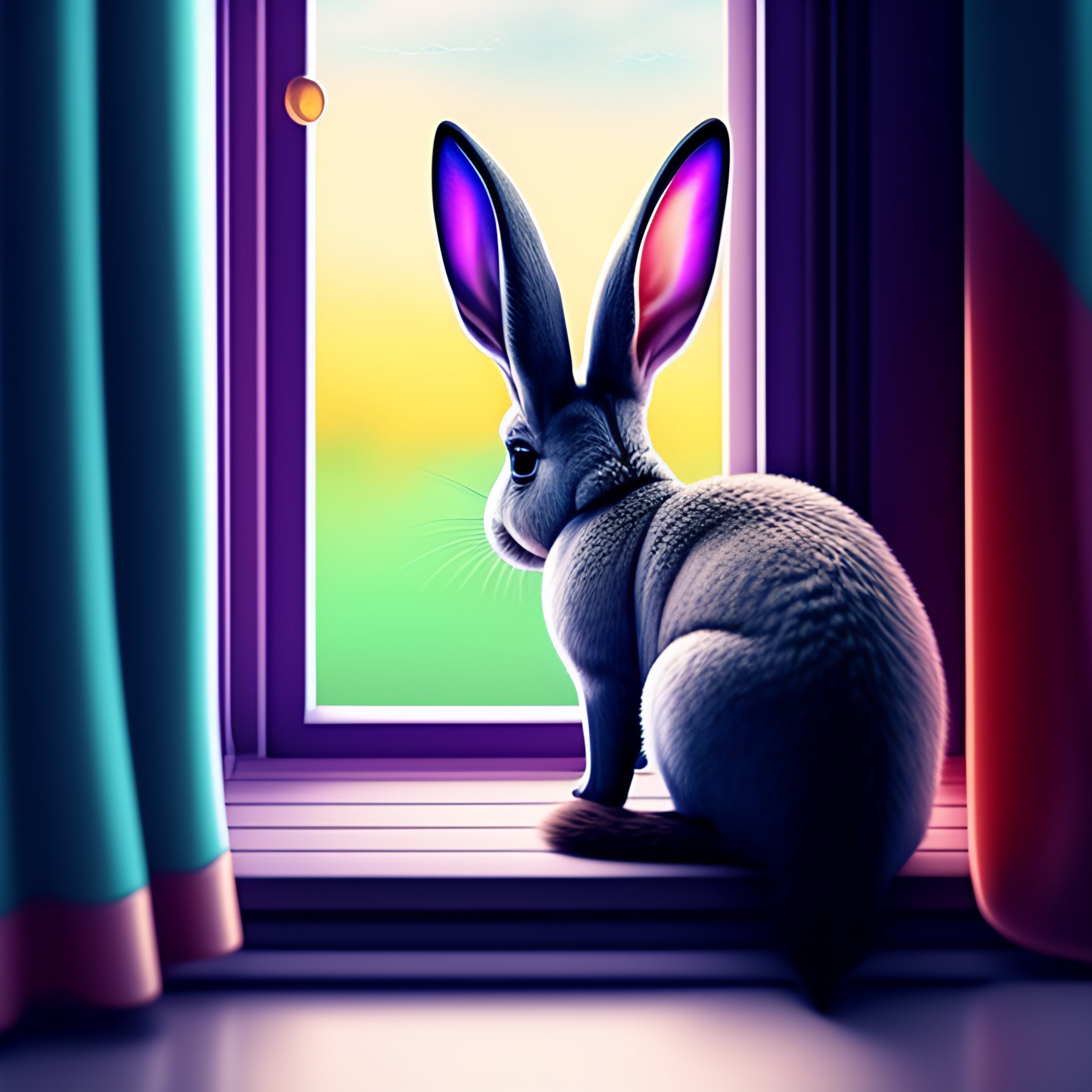 Lexica - Grey bunny looking at rainbow outside window illustration