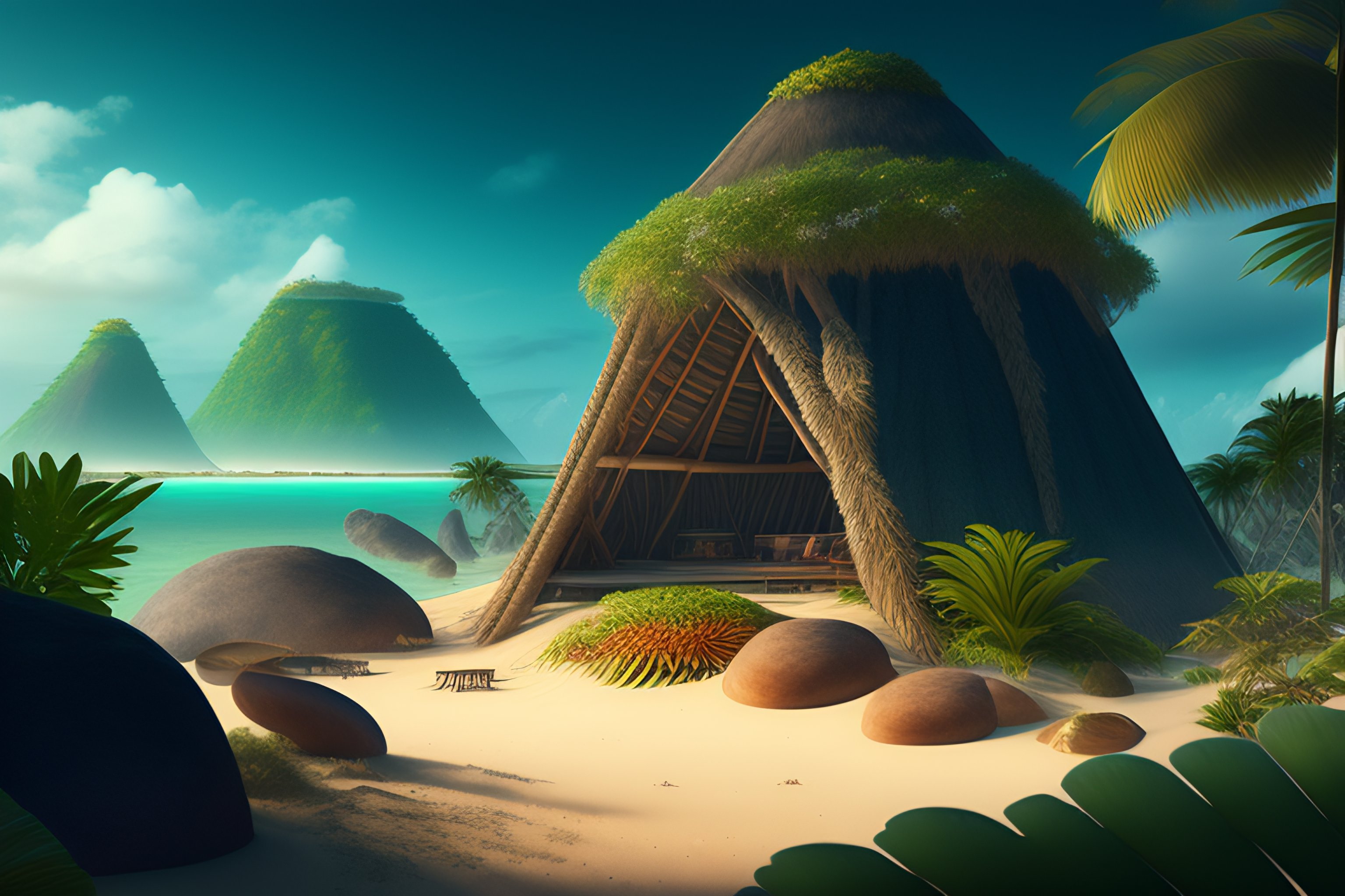 Lexica - Giant elven amerindian hut bamboo on tropical island beach ...