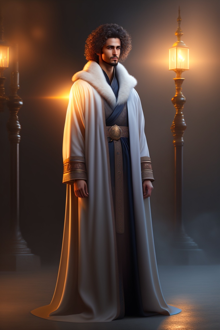 Lexica - Mage male wearing a light robe, curly hair, slightly shaved on ...