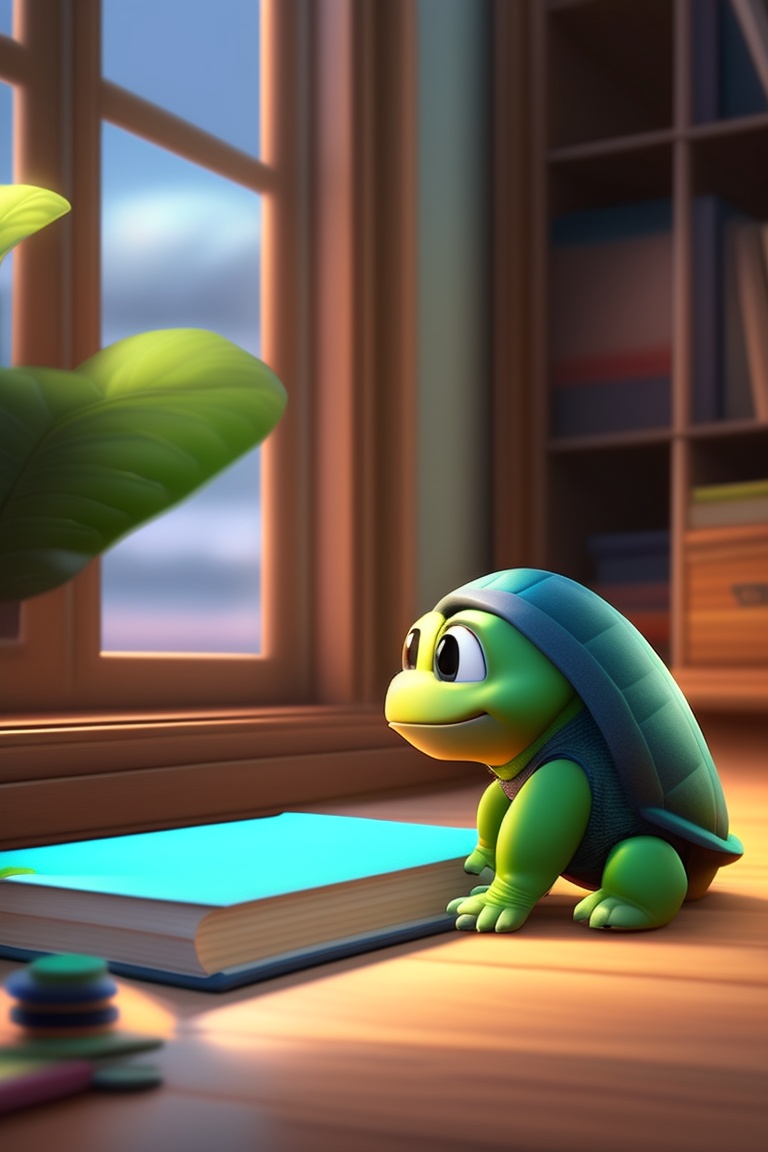 Lexica - A Pixar 3D image of a cute humanoid turtle studying, during ...