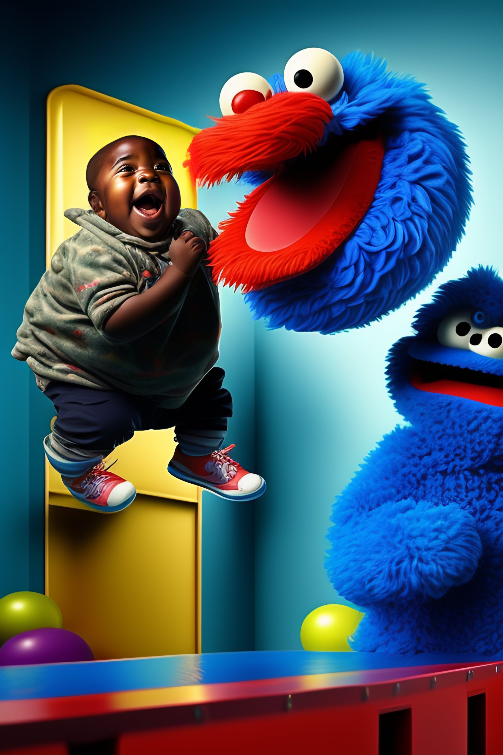 Lexica - Elmo and cookie monster from sesame street bouncing on the wall