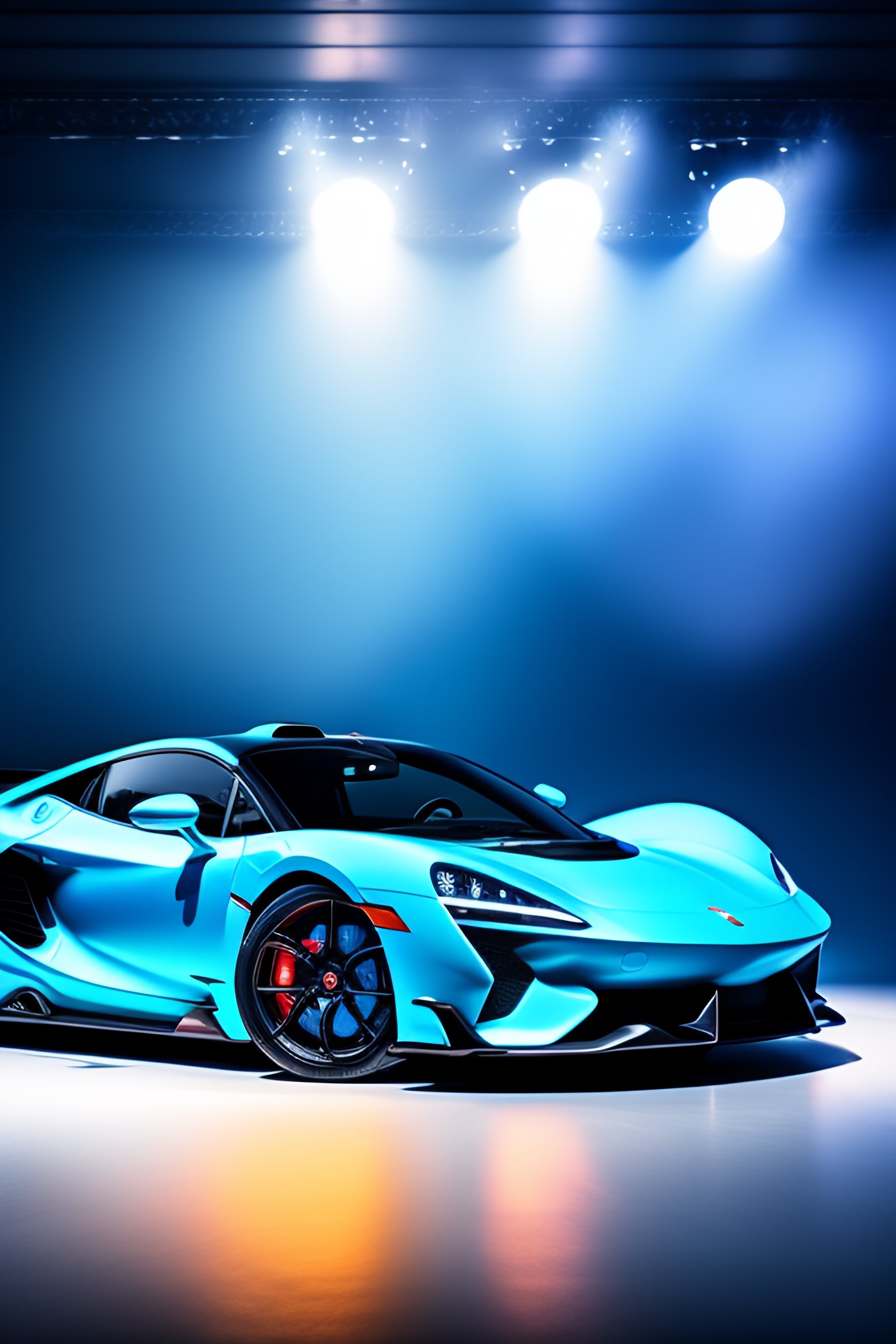 Lexica - Sky blue color supercar on a stage with spotlights