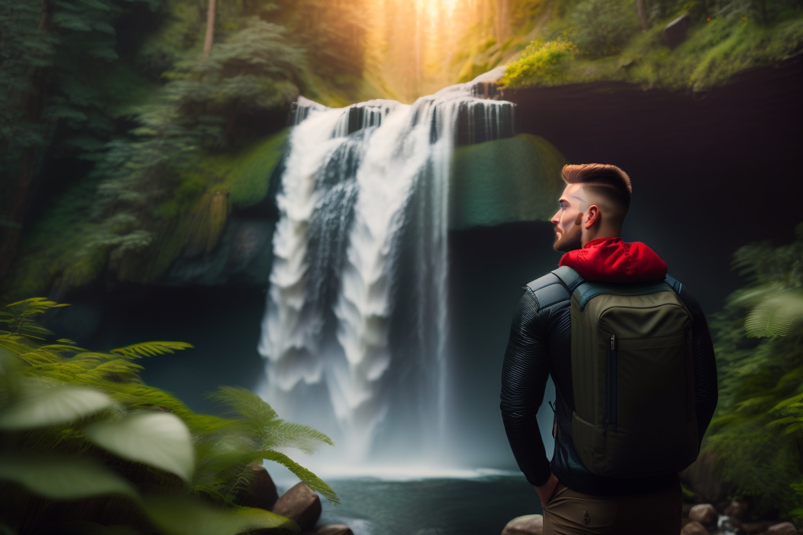 Lexica - A snapshot of a man staring in awe at a cascading waterfall ...