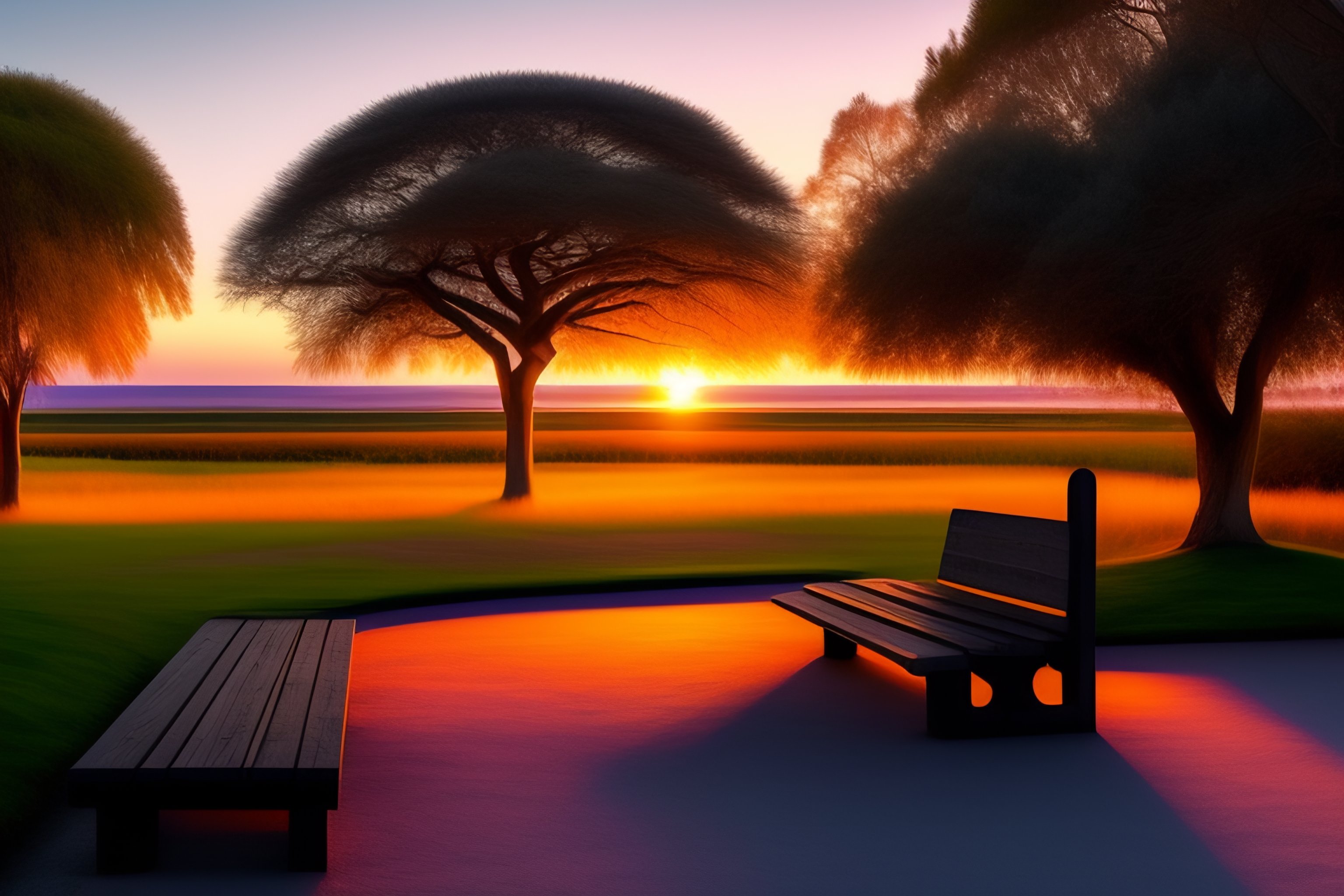 Lexica - Peaceful bench a beautiful landscape in front of it at sunset ...