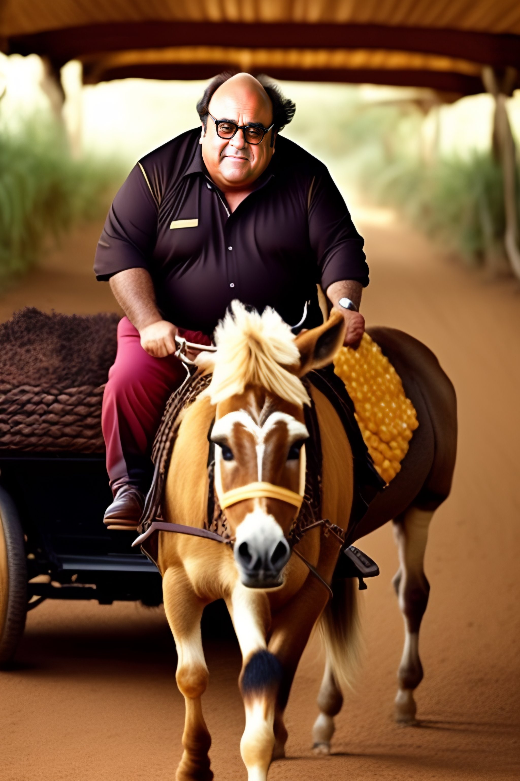 Lexica - Danny devito riding a donkey eat a big ham with pineapple on it