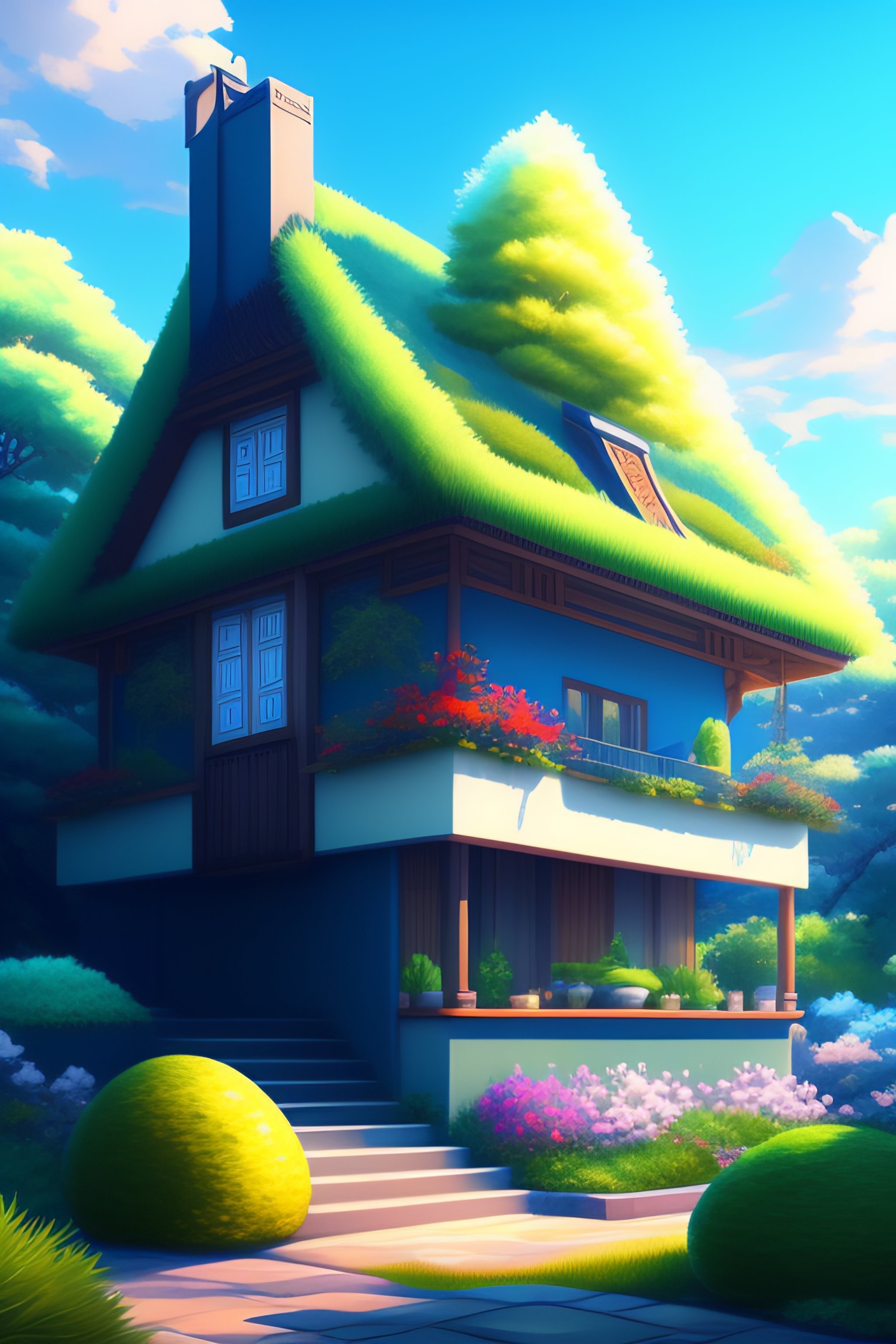 Lexica - A house with a beautiful garden and a blue sky with clouds in ...
