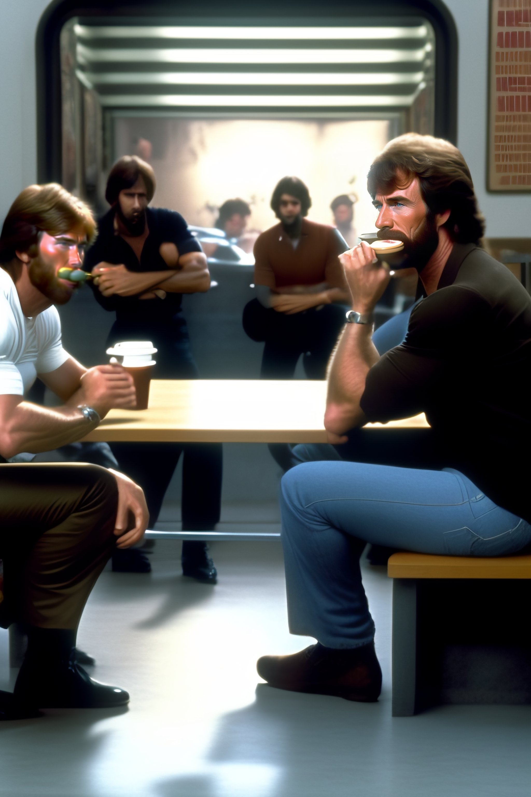 Lexica - Chuck norris is sitting on a bench in a washing salon in 1981 ...