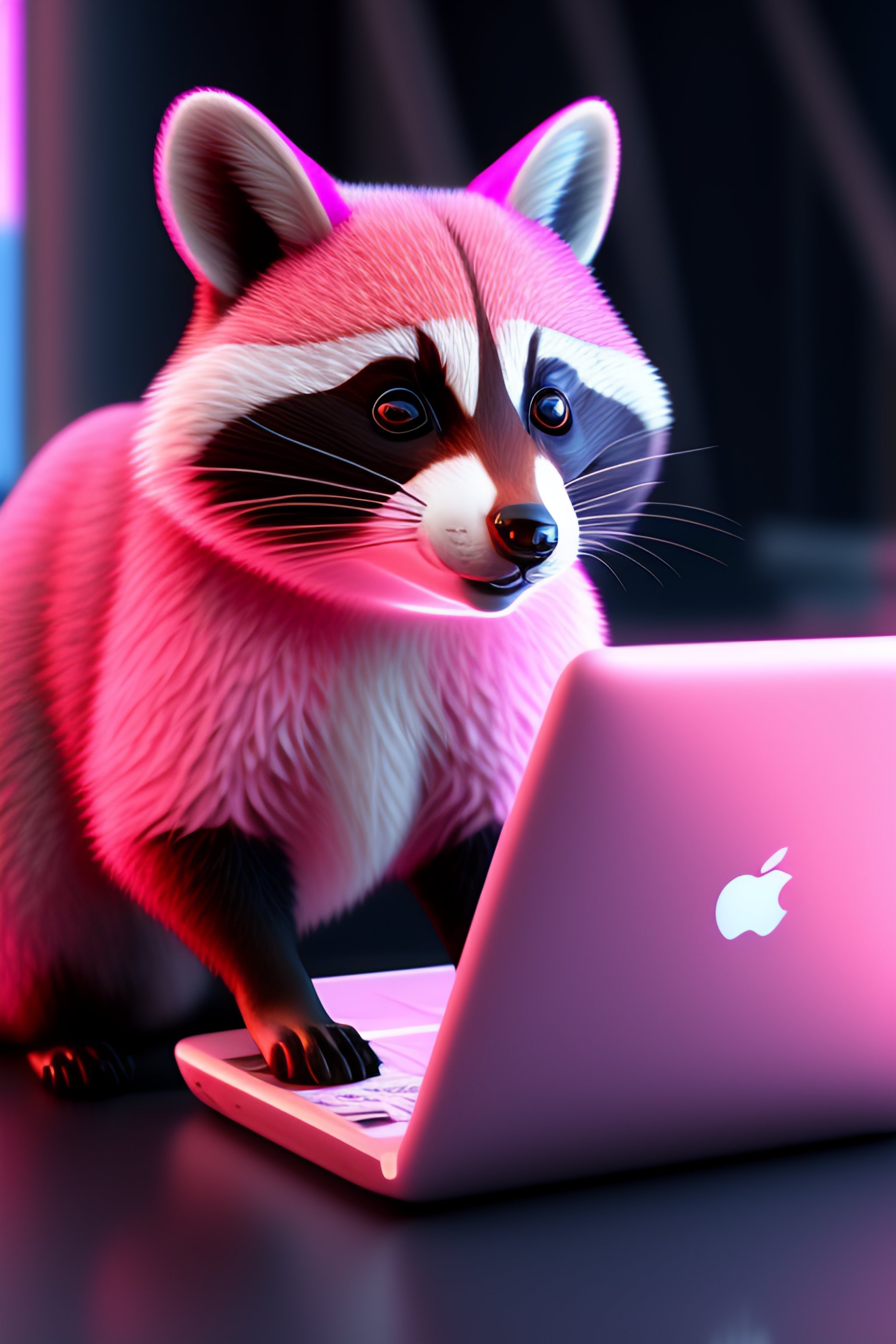 Lexica - Soft pink 3d racoon coding a software with laptop by pixar