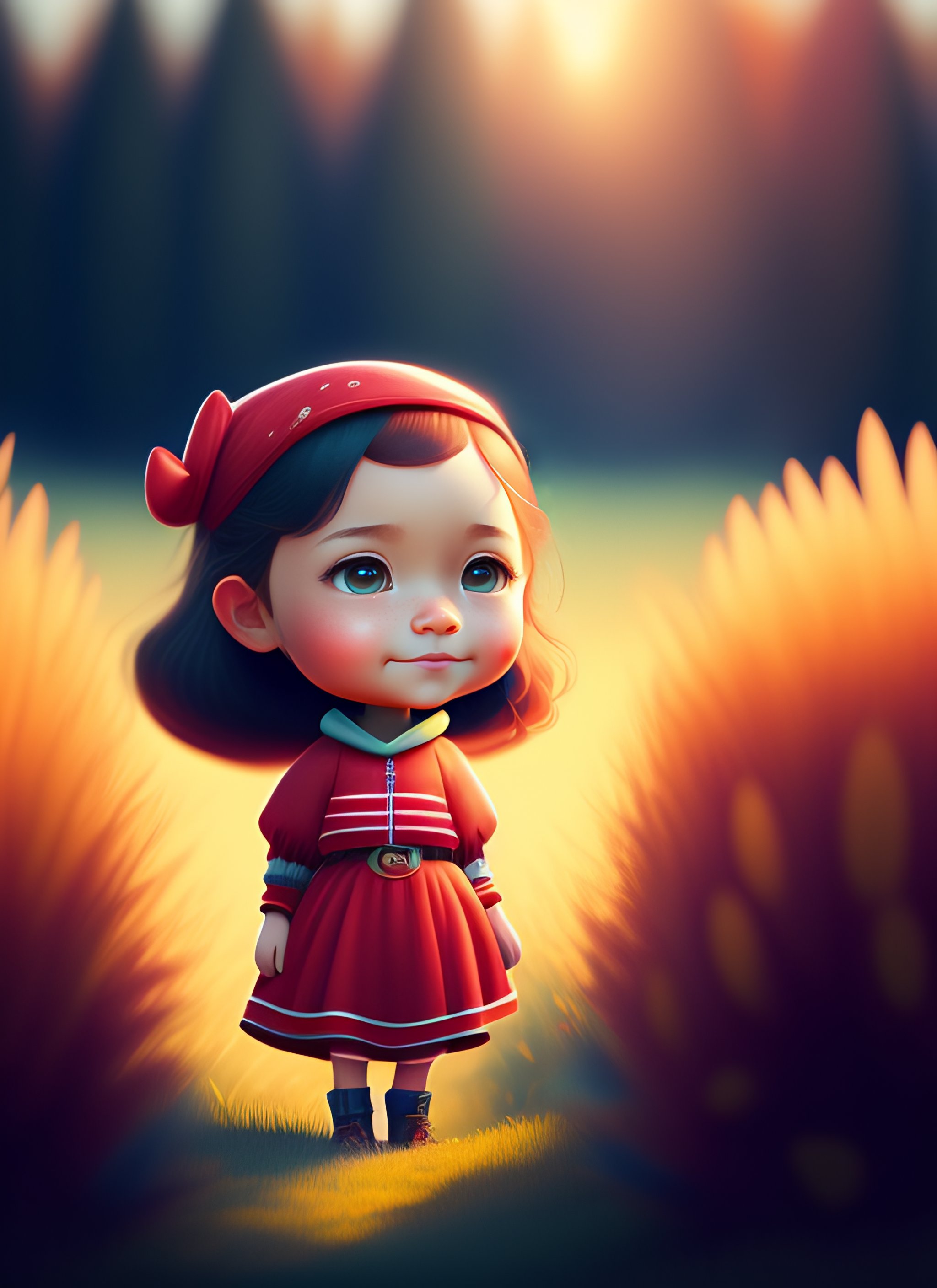 Lexica - View of gorgeous meadow with 2 year old lhappy girl in red ...