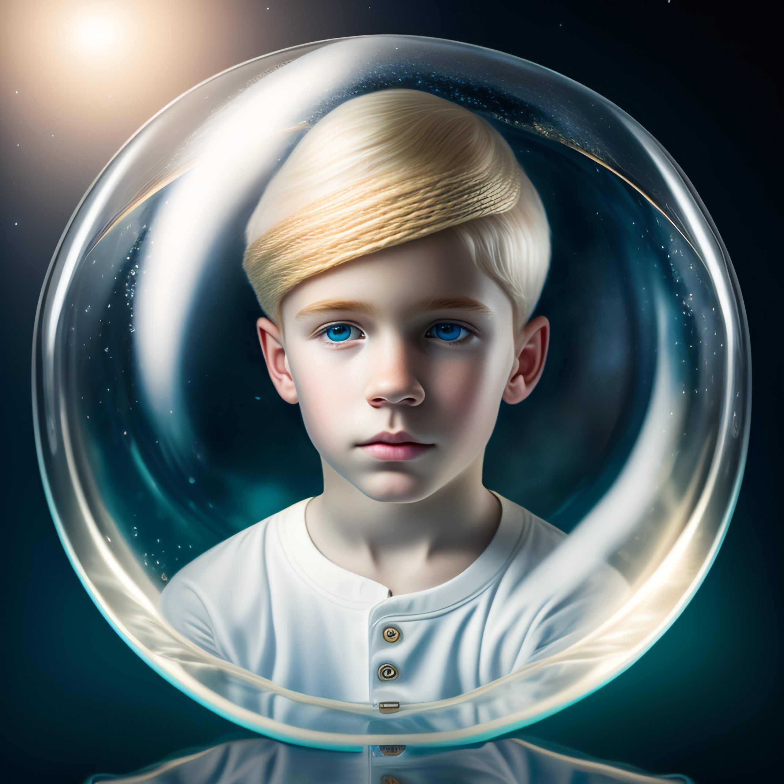 Lexica - A pale blonde boy in white pijamas floating inside a giant ...
