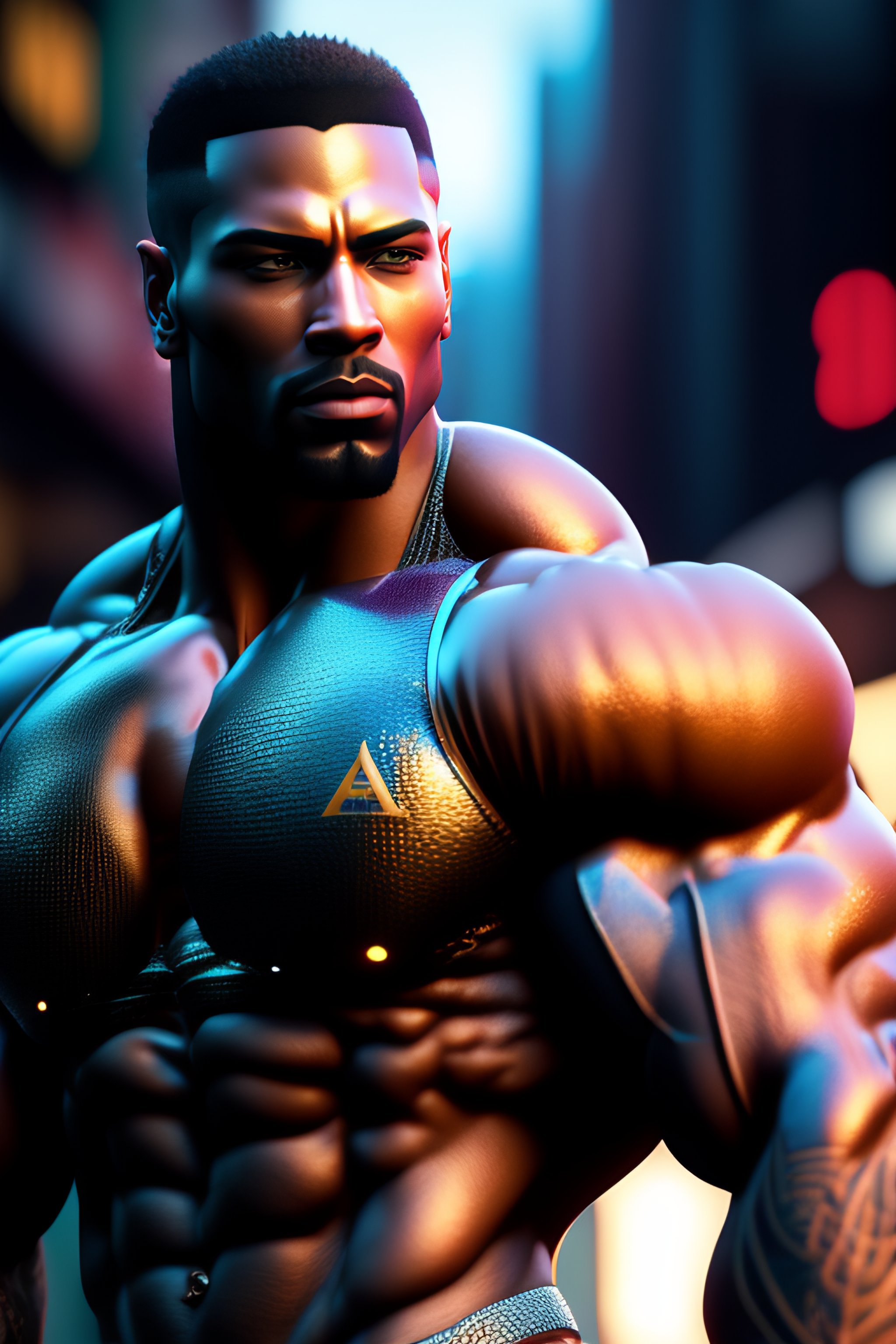 Lexica - Holographic fantasy art of a bodybuilder flexing in the rain ...