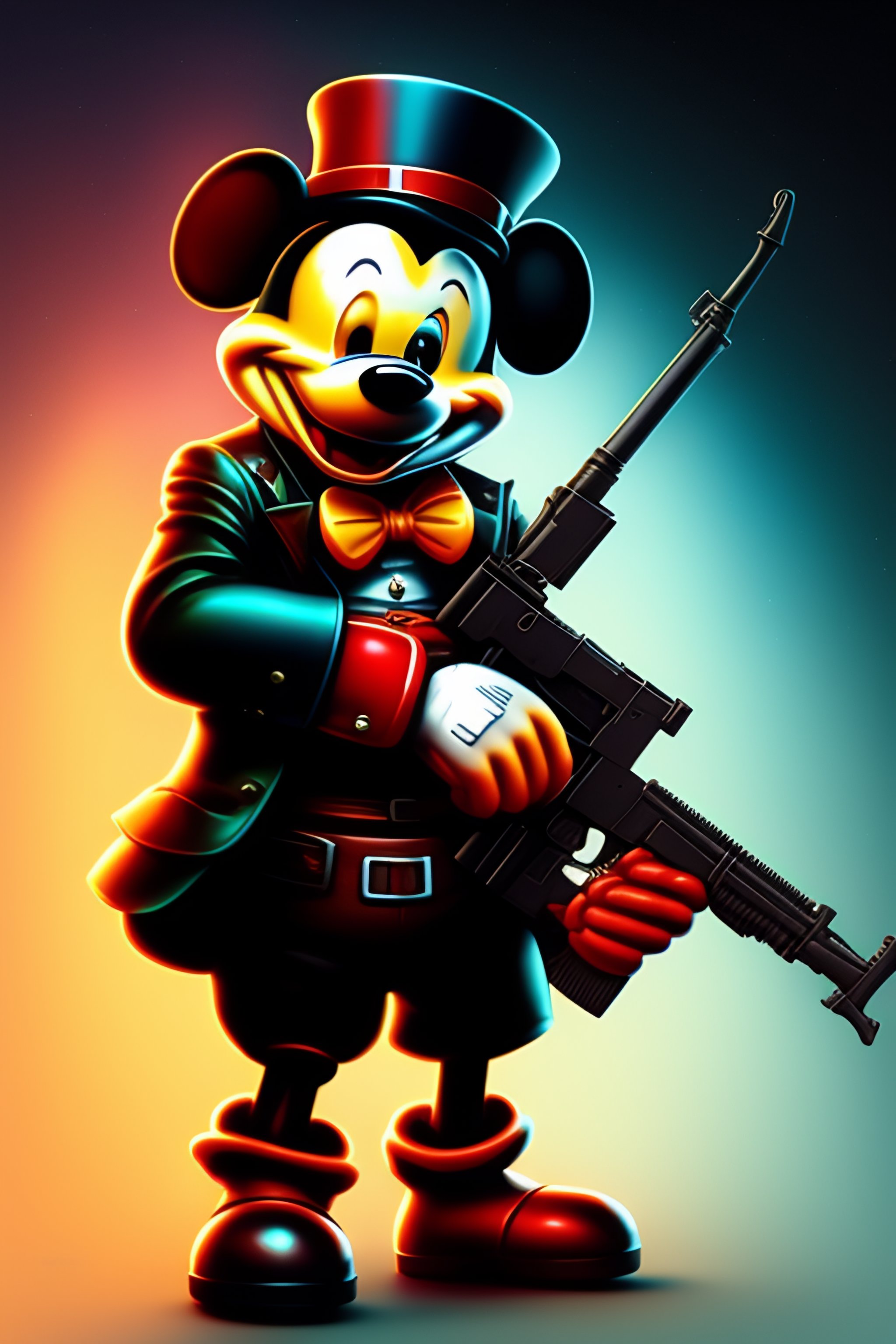 Lexica - Ronald macdonald holding an ak47 fighting mickey mouse, horror ...