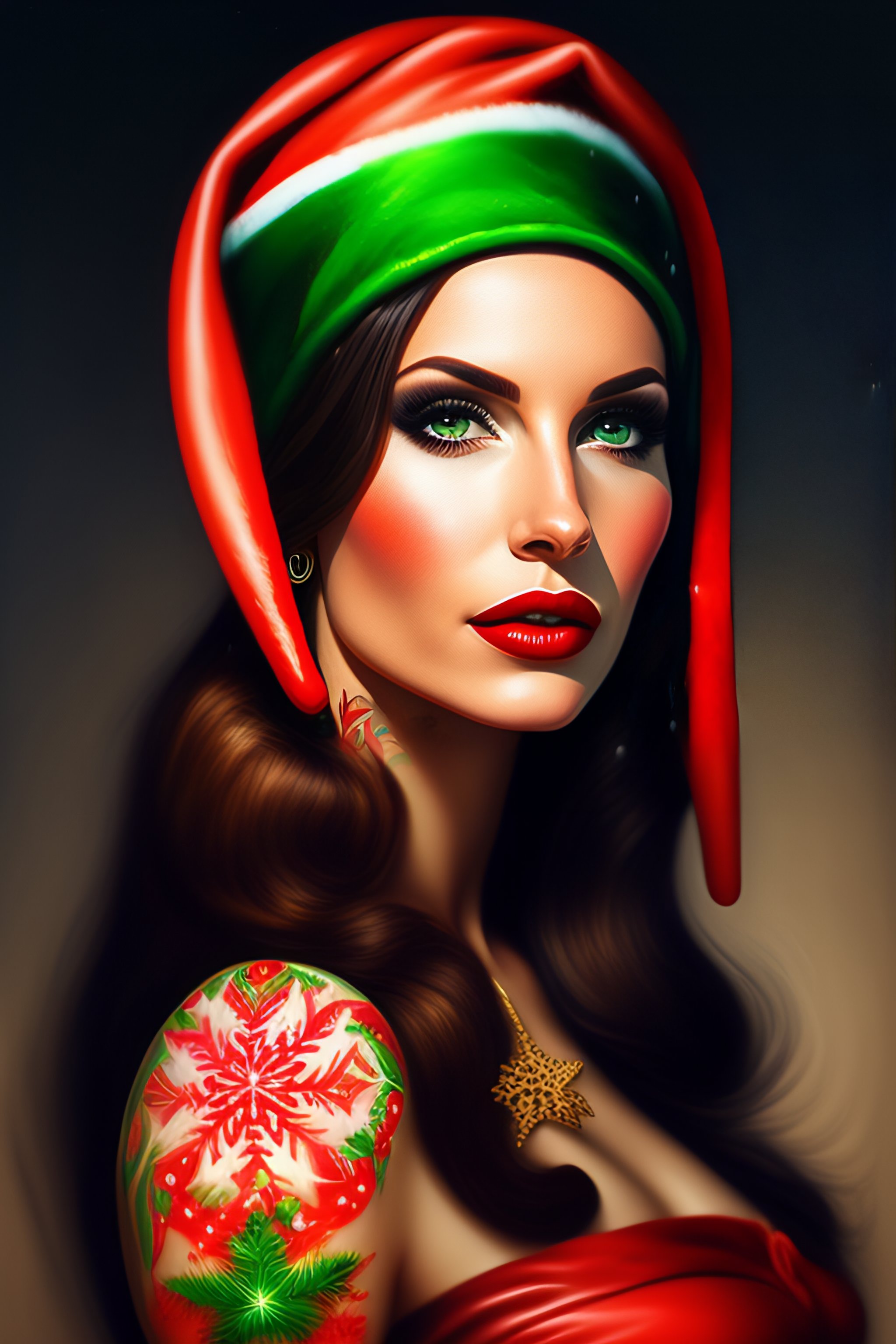 Lexica - Holiday elf, female, tattooed, painted style, santa