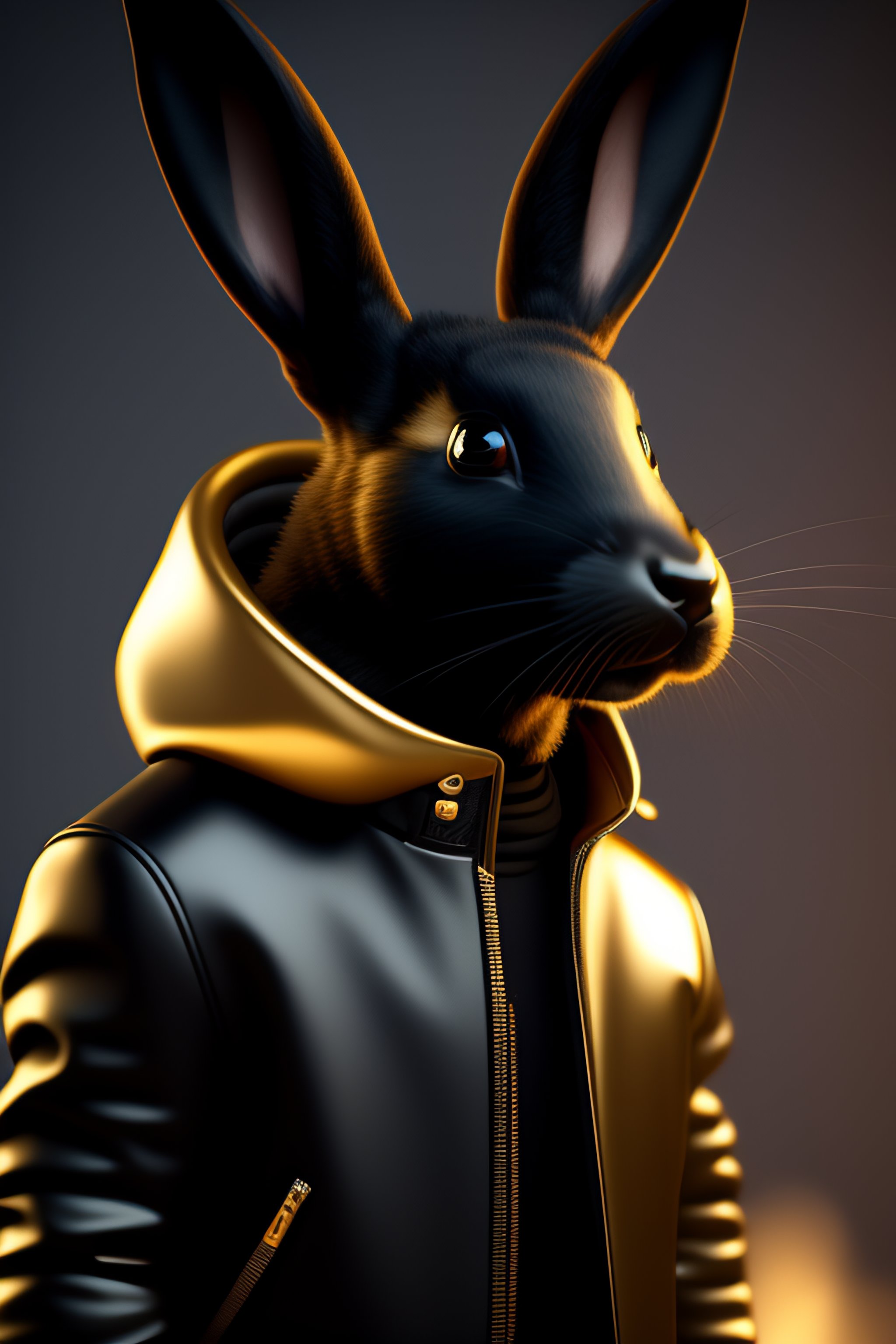 Lexica - Black Humanoid Rabbit with large white eyes leather jacket ...