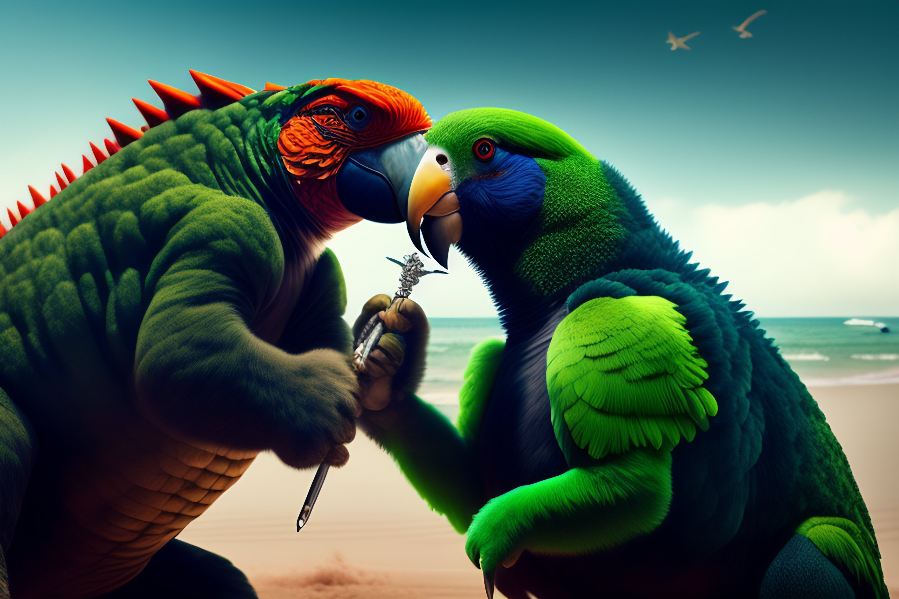 Lexica - Giant parrot fighting godzilla