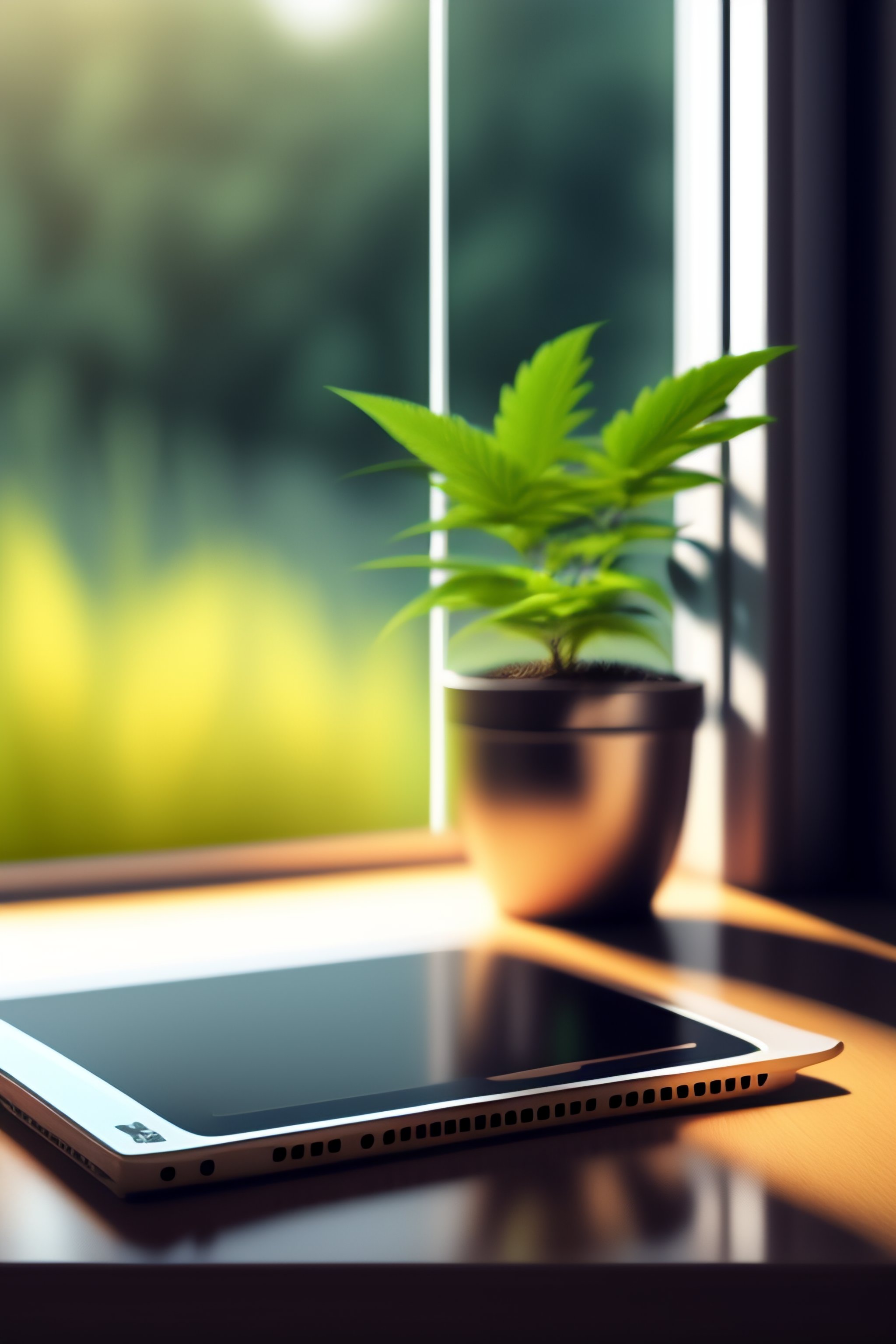 Lexica - Detailed photo of a laptop sitting on a desk next to a window ...