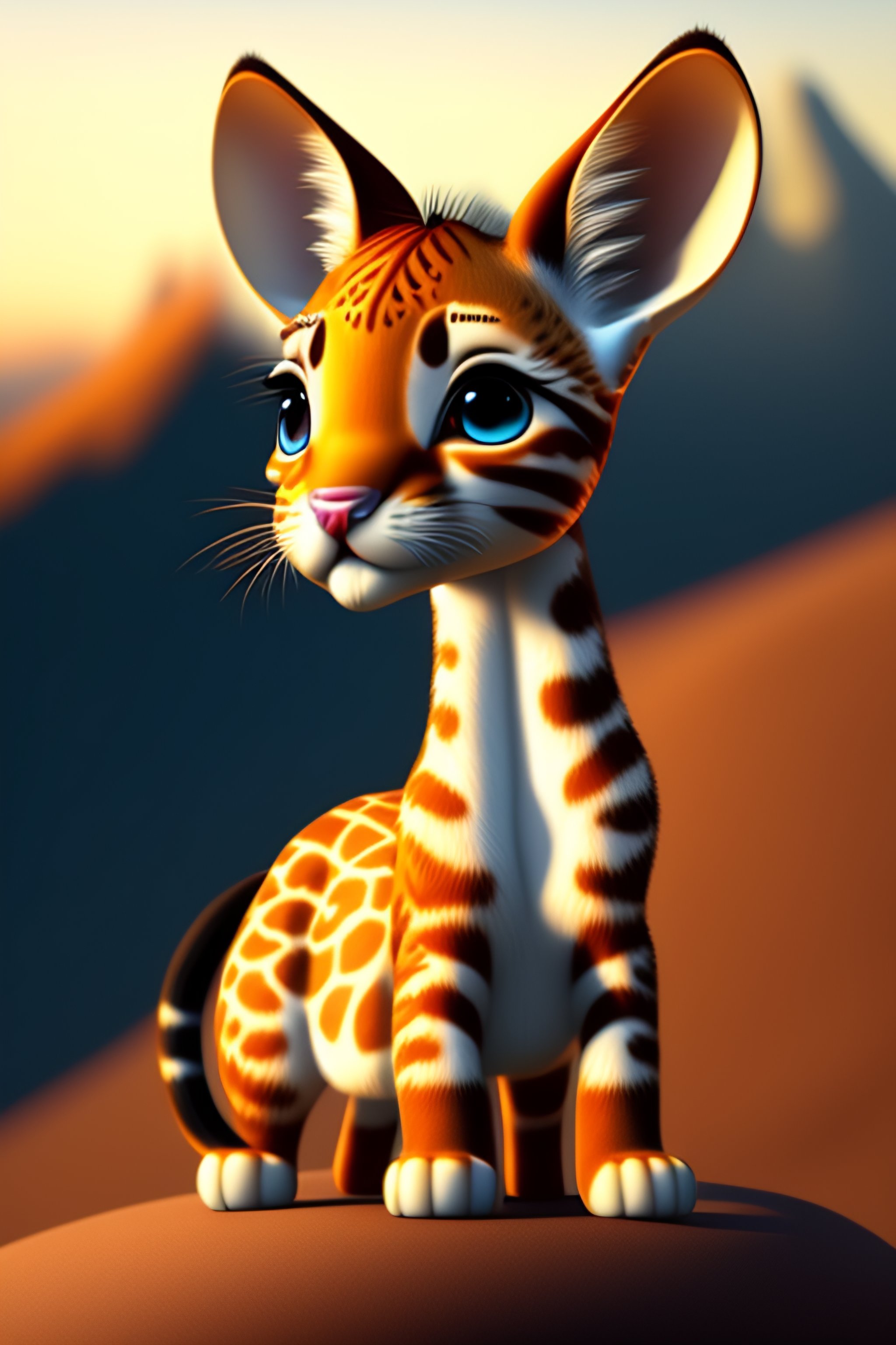 Lexica - Cute chibi kitten with long neck like girafe in the mountain, 3D,