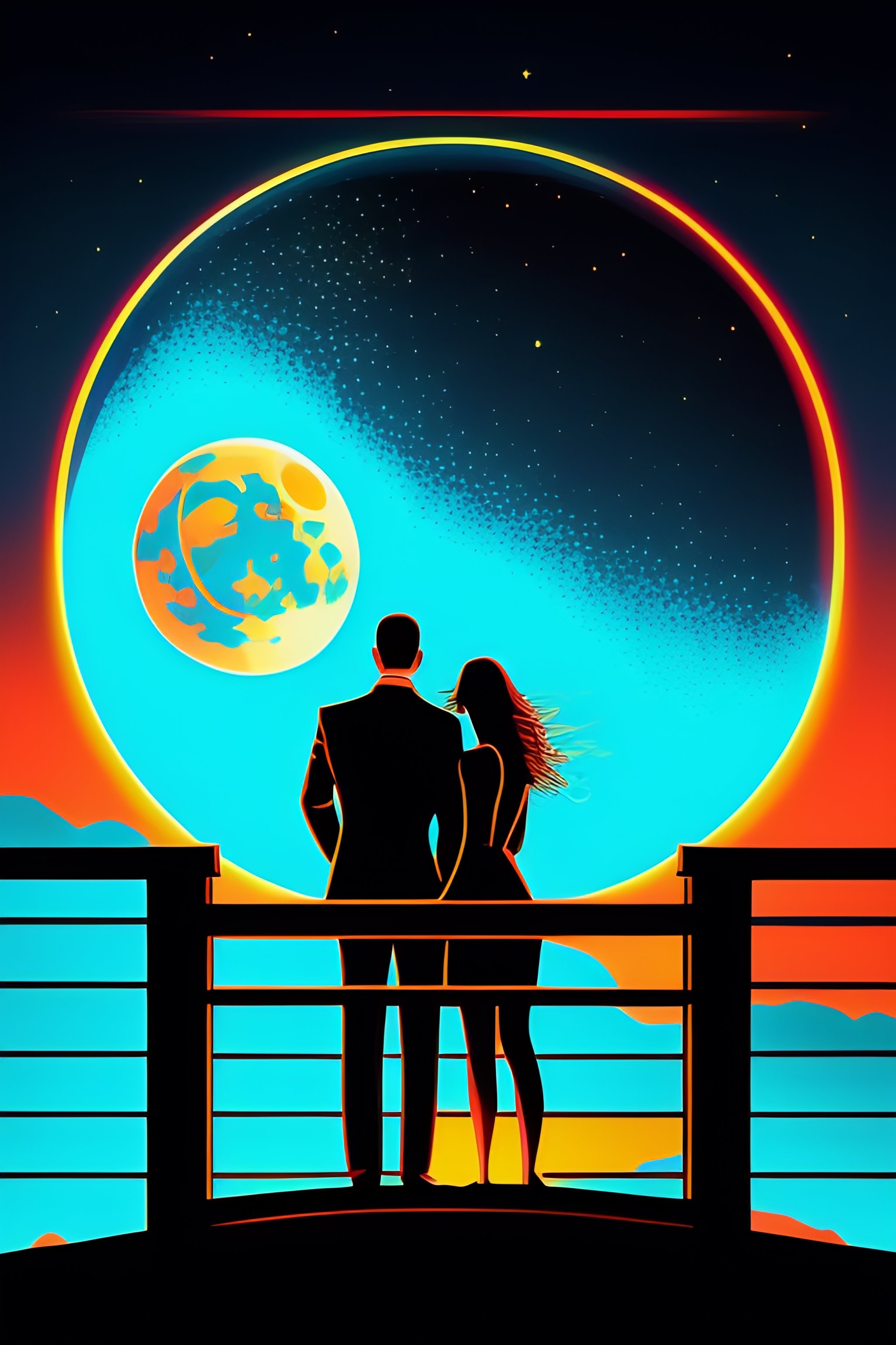 Lexica - Couple contemplating the moon from a bridge, neon drawing ...